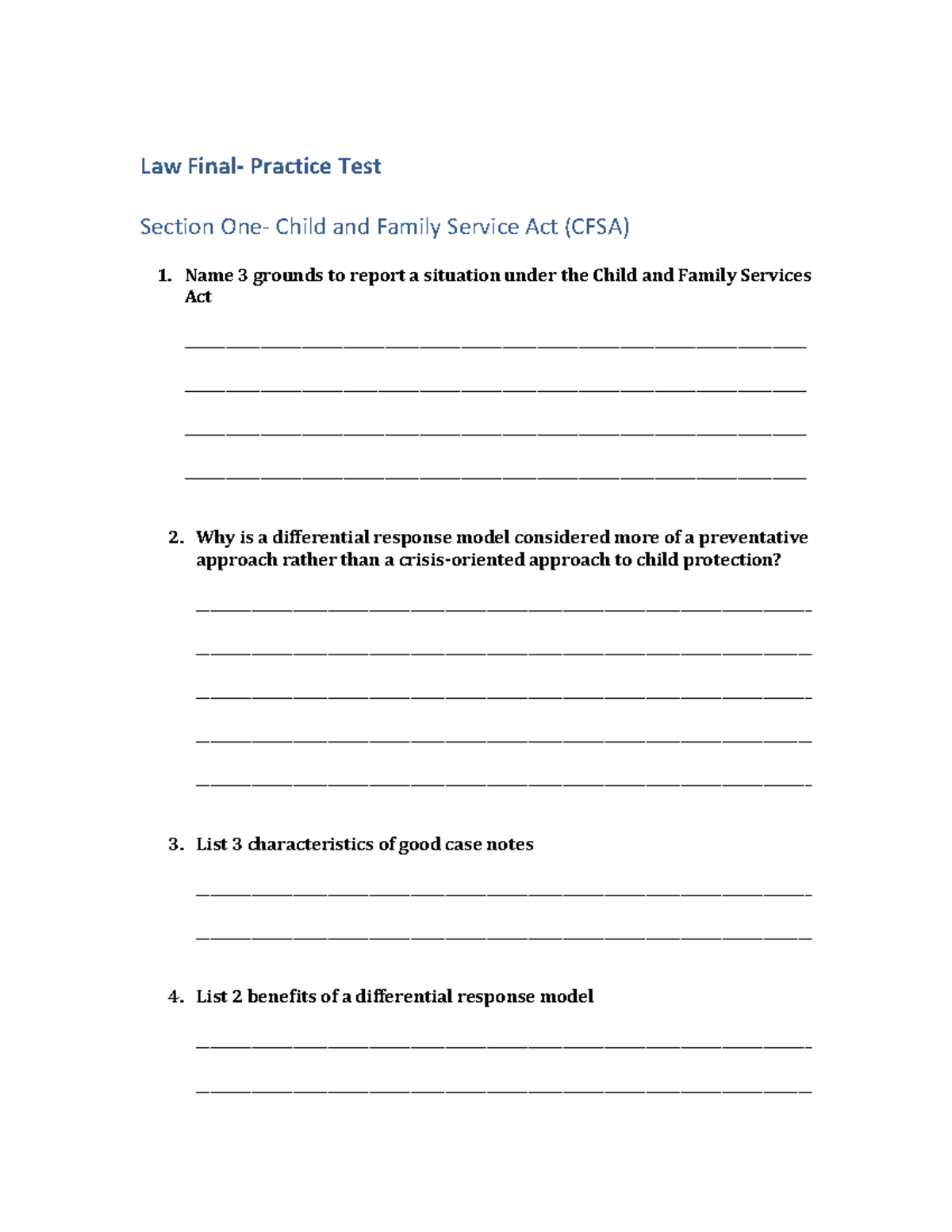 Law Final Practice - Law Final‐ Practice Test Section One‐ Child and ...