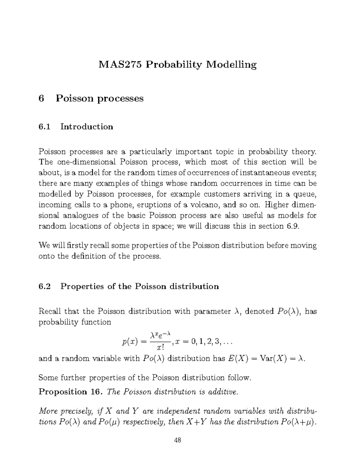 MAS 275 Probability Modelling Poisson processes - The one-dimensional ...