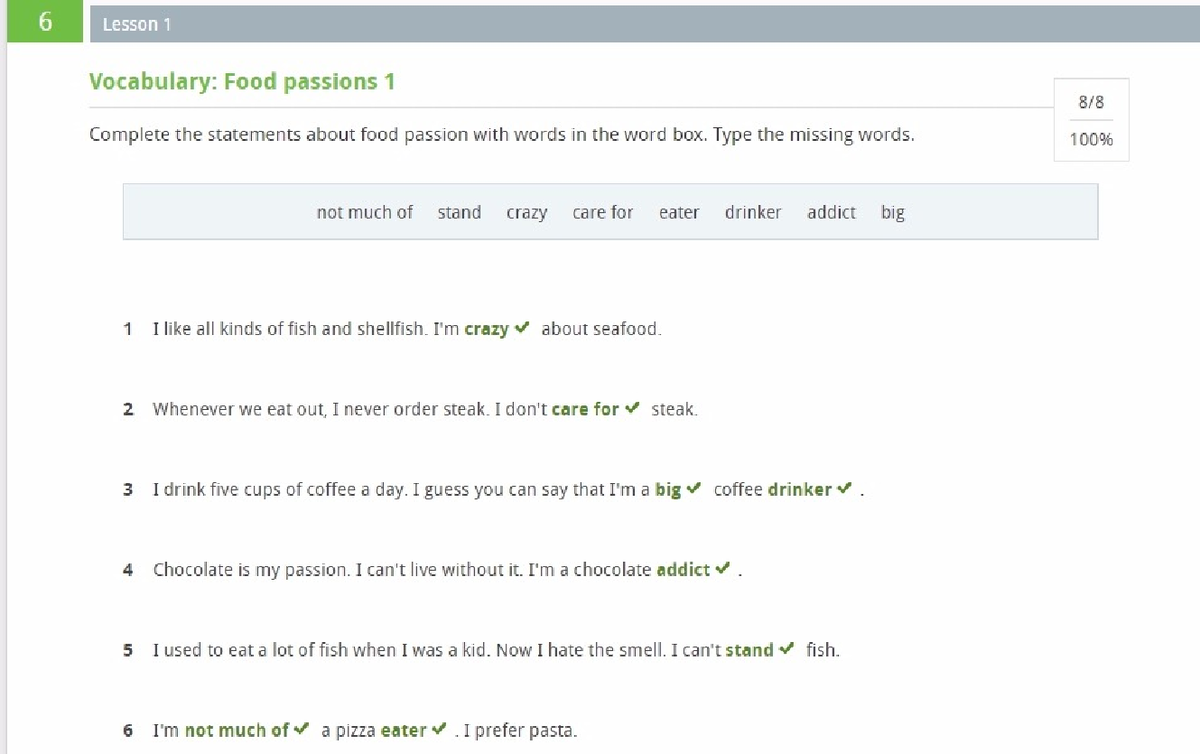367490609-Unit6-Platform - 6 Lesson 1 Vocabulary: Food passions 1 Complete the statements about ...