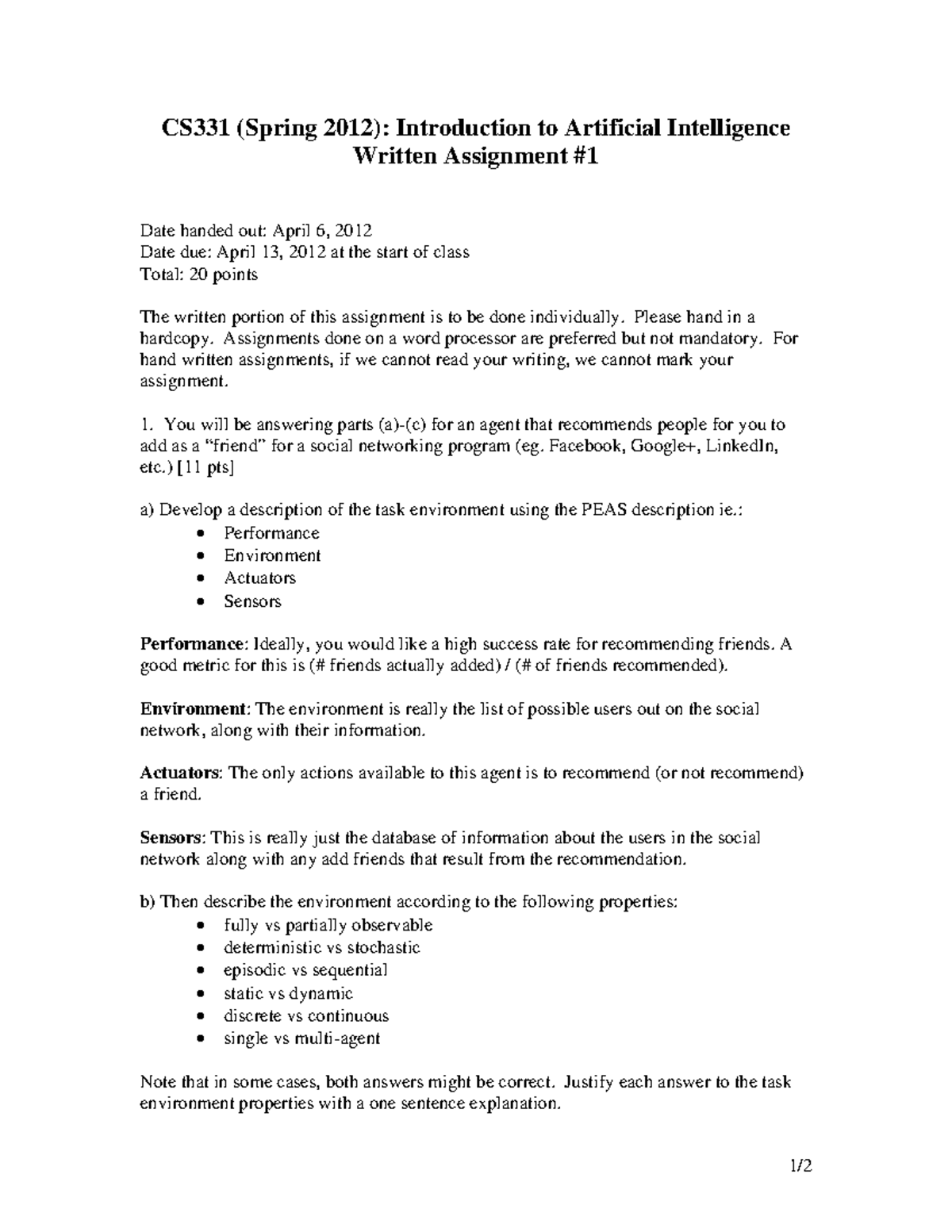 Cs331 - 1/ CS331 (Spring 2012): Introduction to Artificial Intelligence Written Assignment Date ...