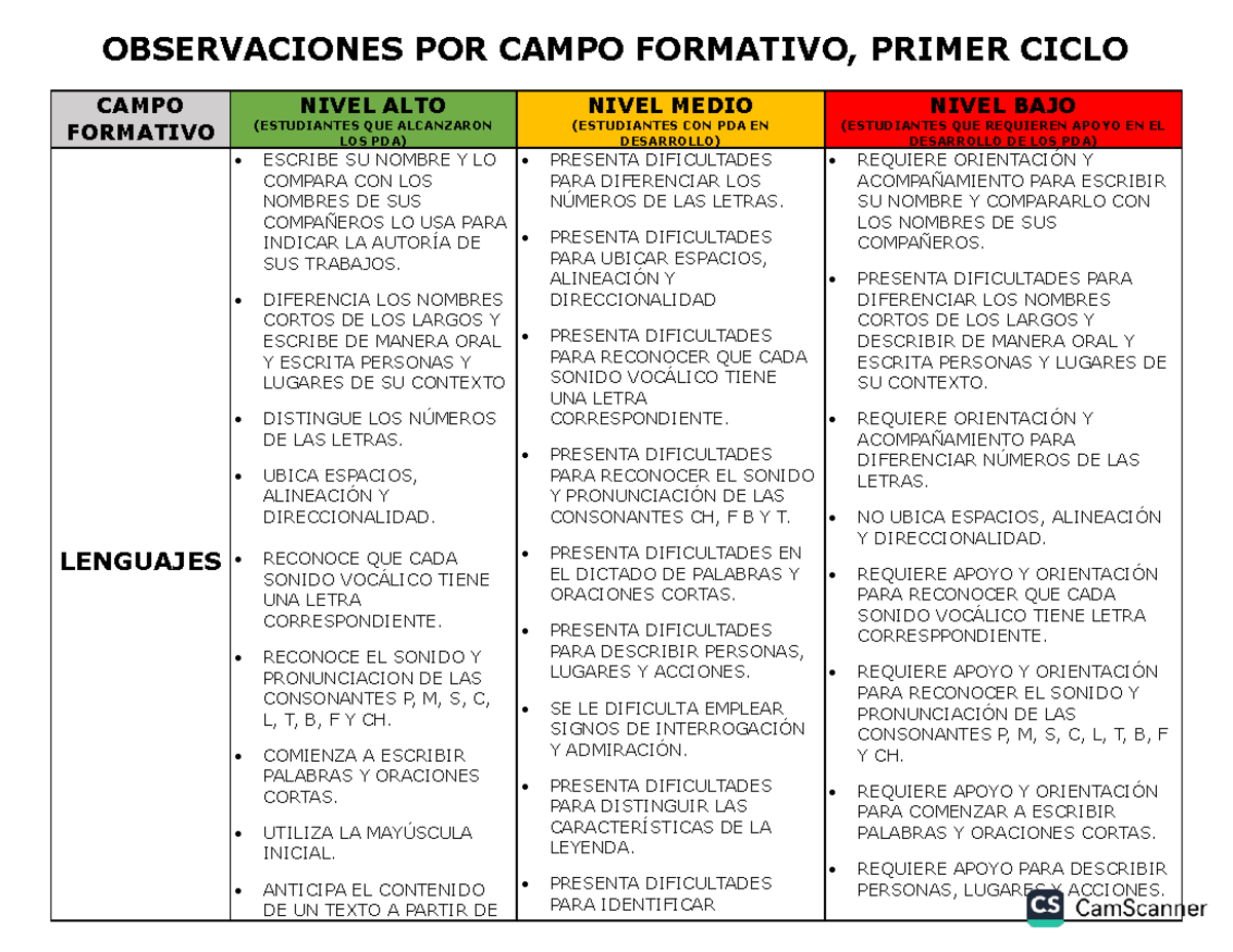 Observaciones POR Campos Formativos Xochitl CRUZ Pronalees - CAMPO FORMATIVO NIVEL ALTO ...