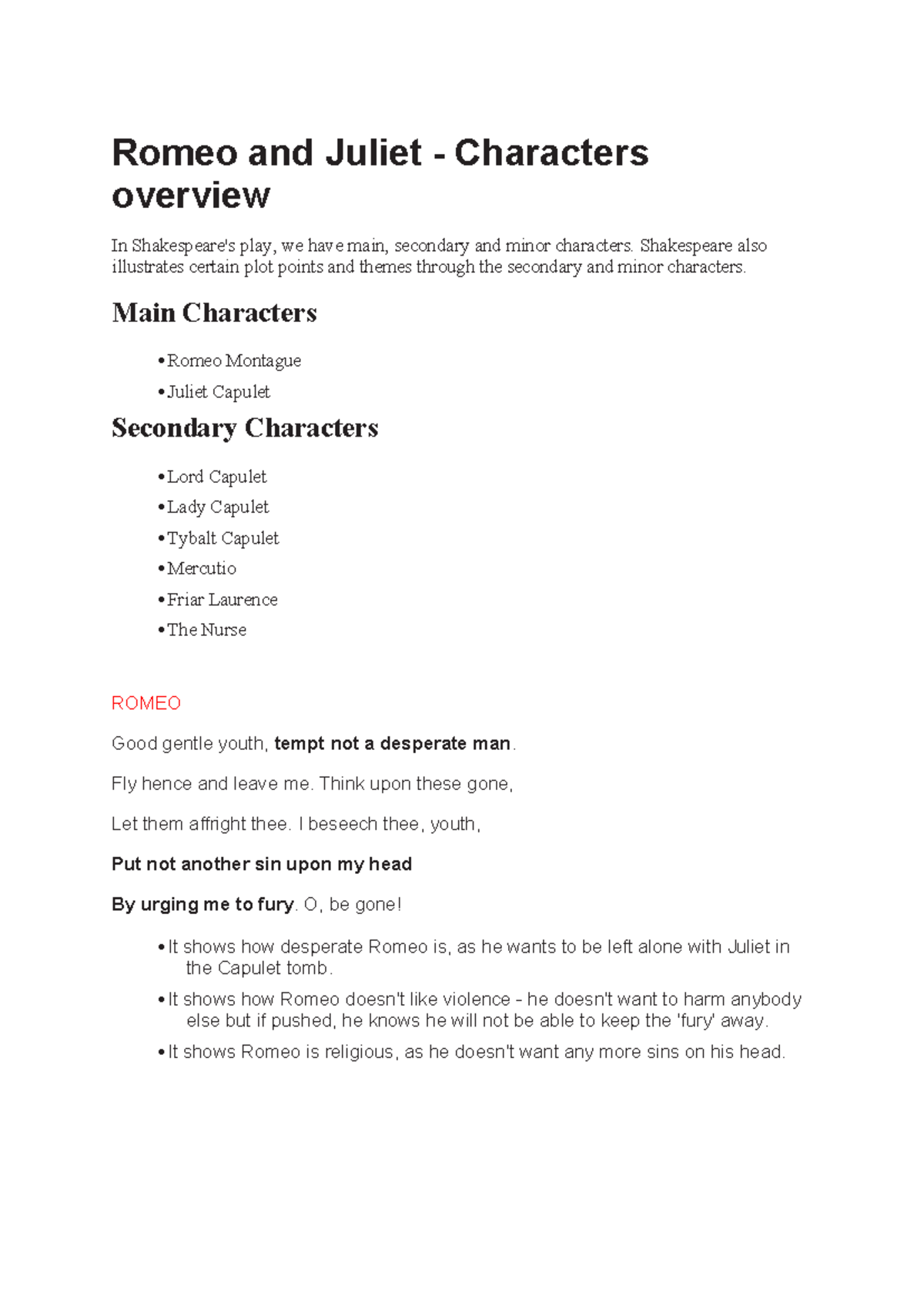 Romeo and Juliet- Characters - Romeo and Juliet - Characters overview ...