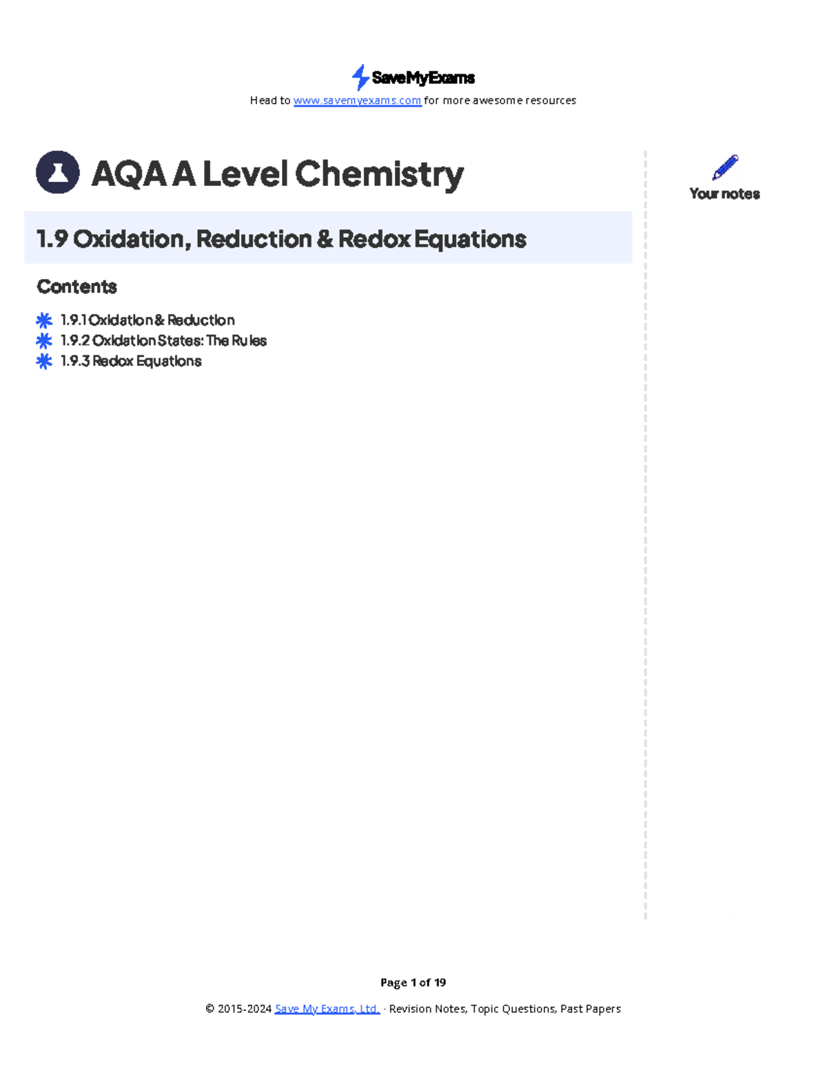 Redox reactions - Page 1 of 19 AQA A Level Chemistry 1 Oxidation ...