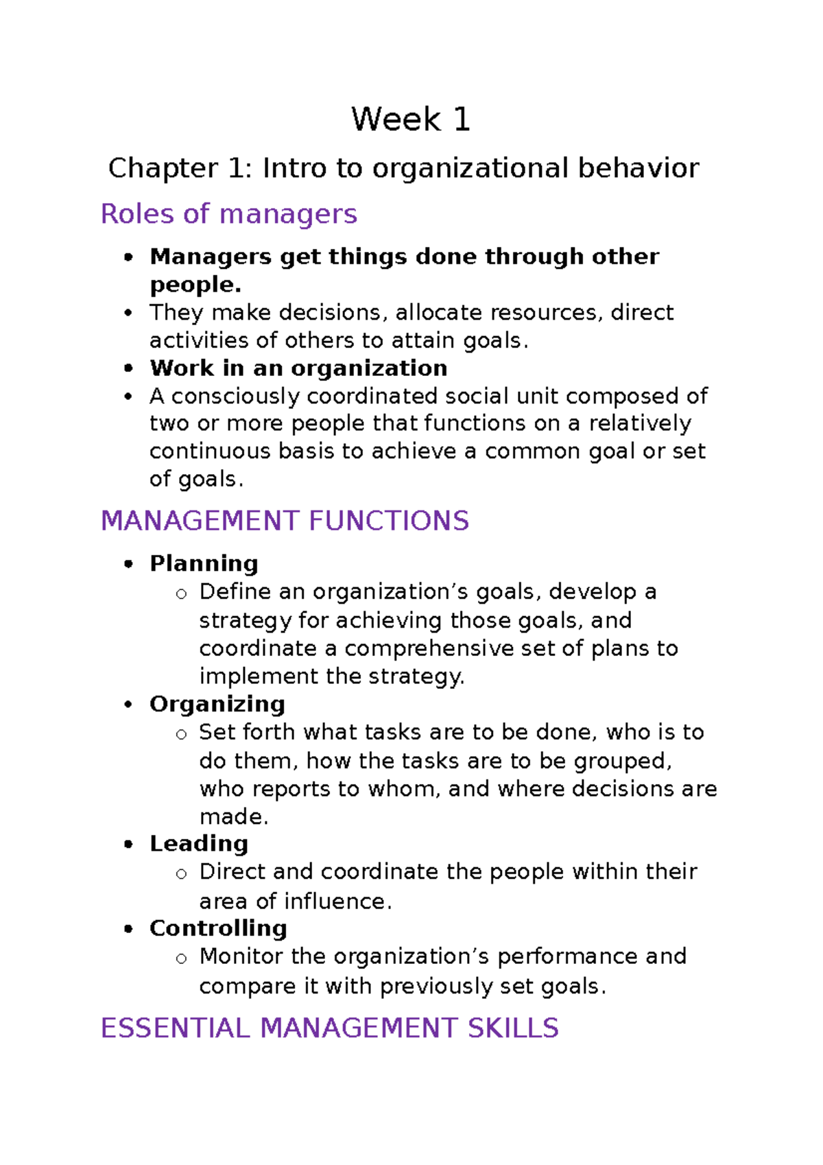OB lec 1 notes - Week 1 Chapter 1: Intro to organizational behavior ...