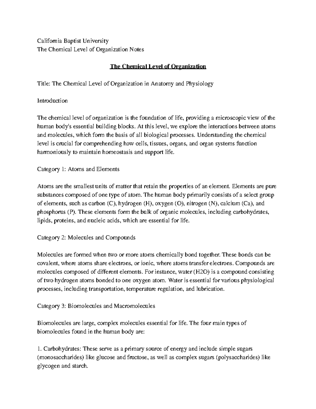 The Chemical Level of Organization - At this level, we explore the ...