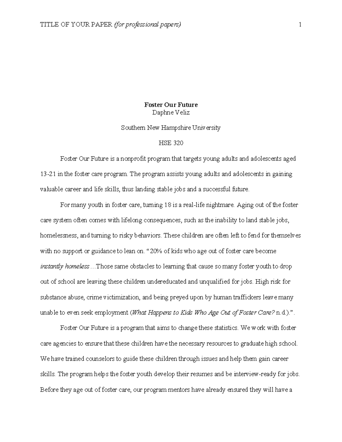 HSE 320 week 1 - week 1 - TITLE OF YOUR PAPER (for professional papers ...