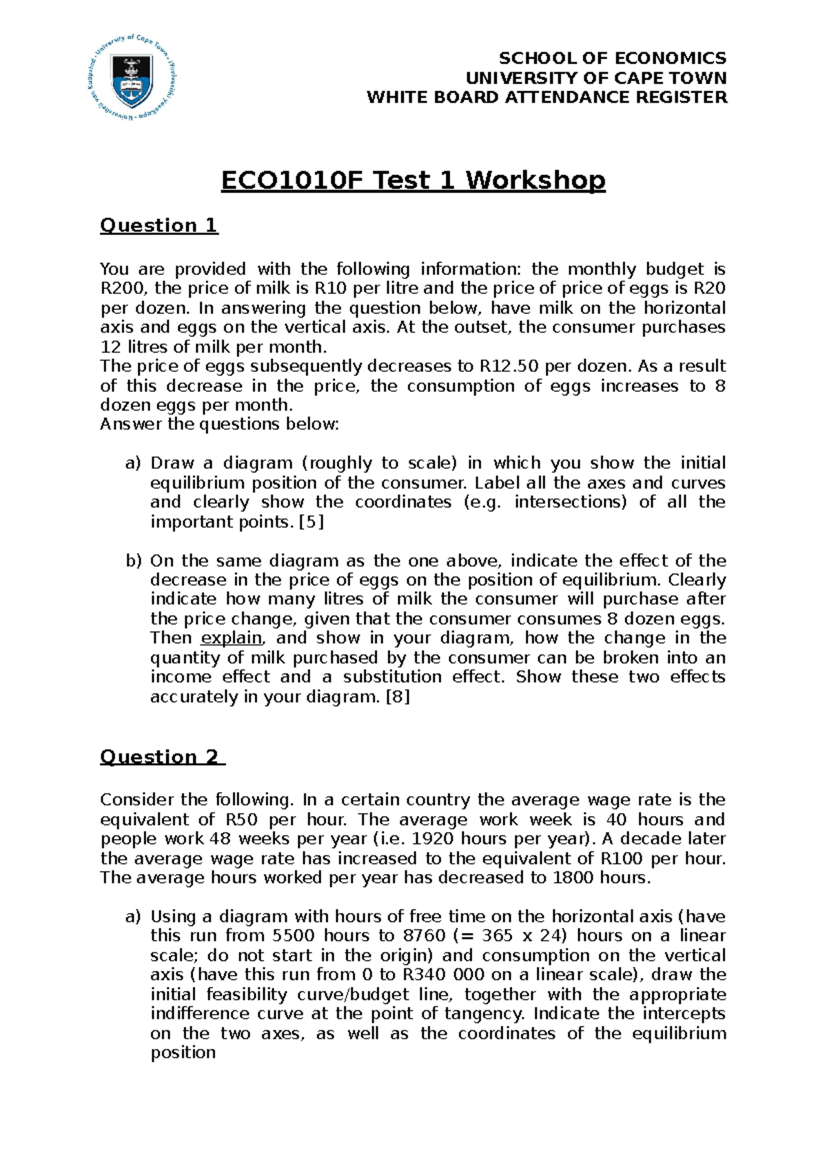 ECO1010F Test 1 Workshop Questions(Student Version) - UNIVERSITY OF ...