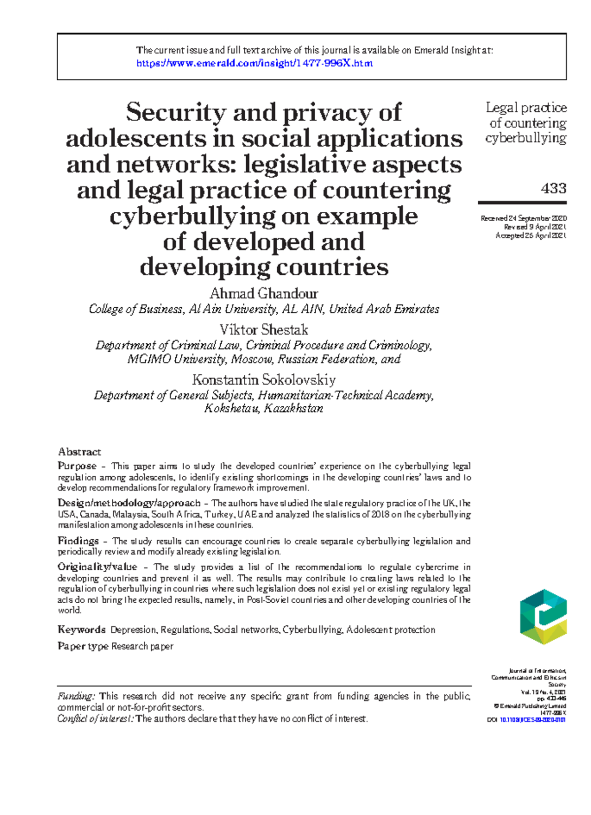 Journal - security and privacy of adolescents in social applications ...