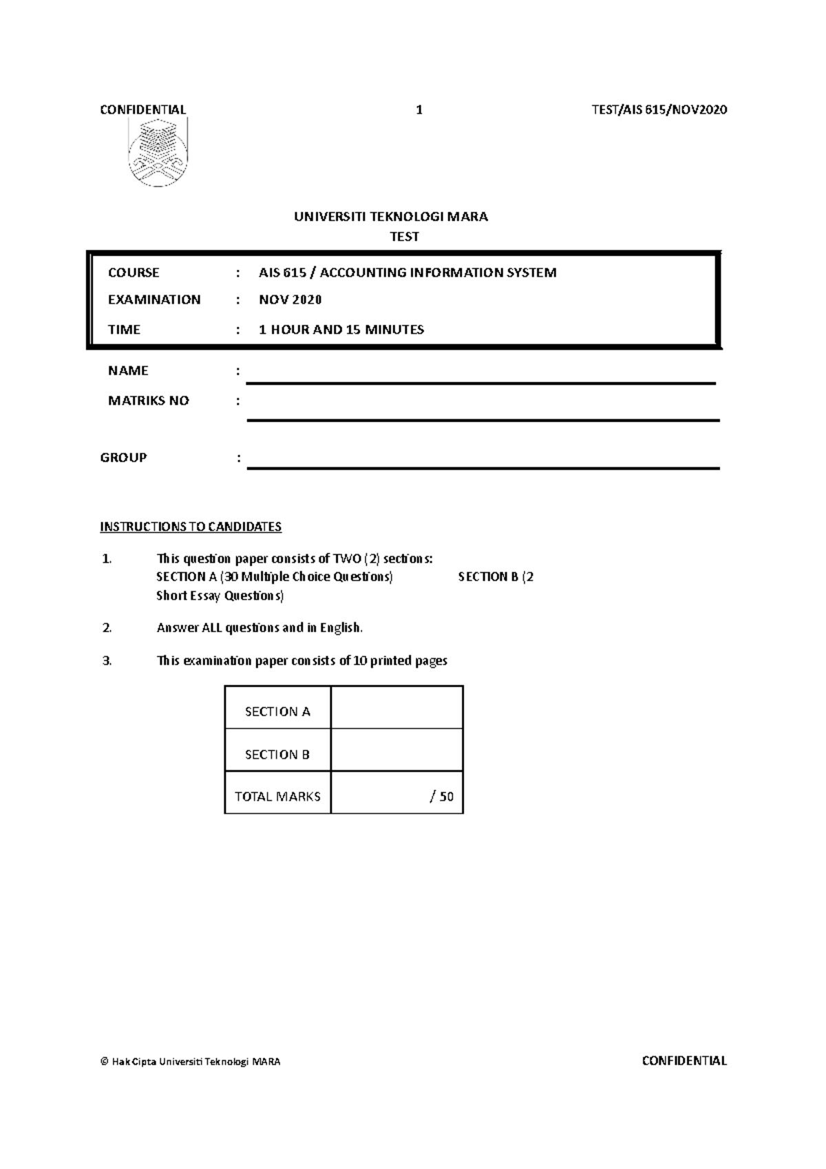 AIS615 ODL TEST 2020 11 - GROUP : INSTRUCTIONS TO CANDIDATES This ...