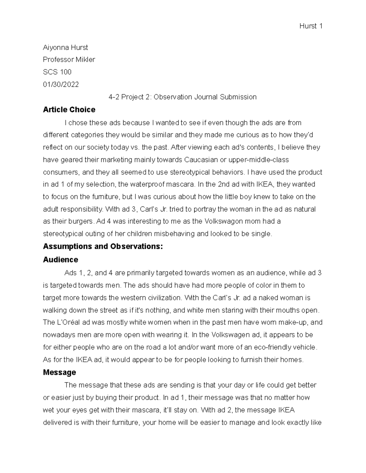 Observation Journal Submission - Hurst 1 Aiyonna Hurst Professor Mikler ...