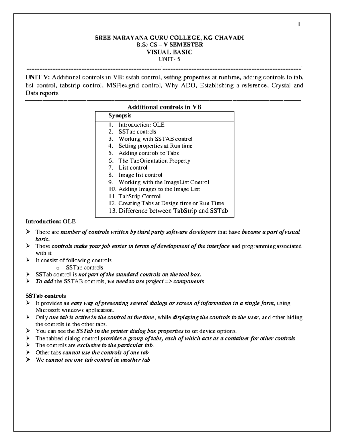 VB UNIT 5 - assignment - SREE NARAYANA GURU COLLEGE, KG CHAVADI B CS ...