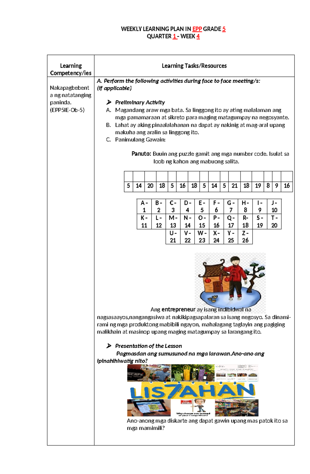 WLP in EPP 5 Q1 Week 4 - Weekly Learning Plan - WEEKLY LEARNING PLAN IN EPP GRADE 5 QUARTER 1 ...