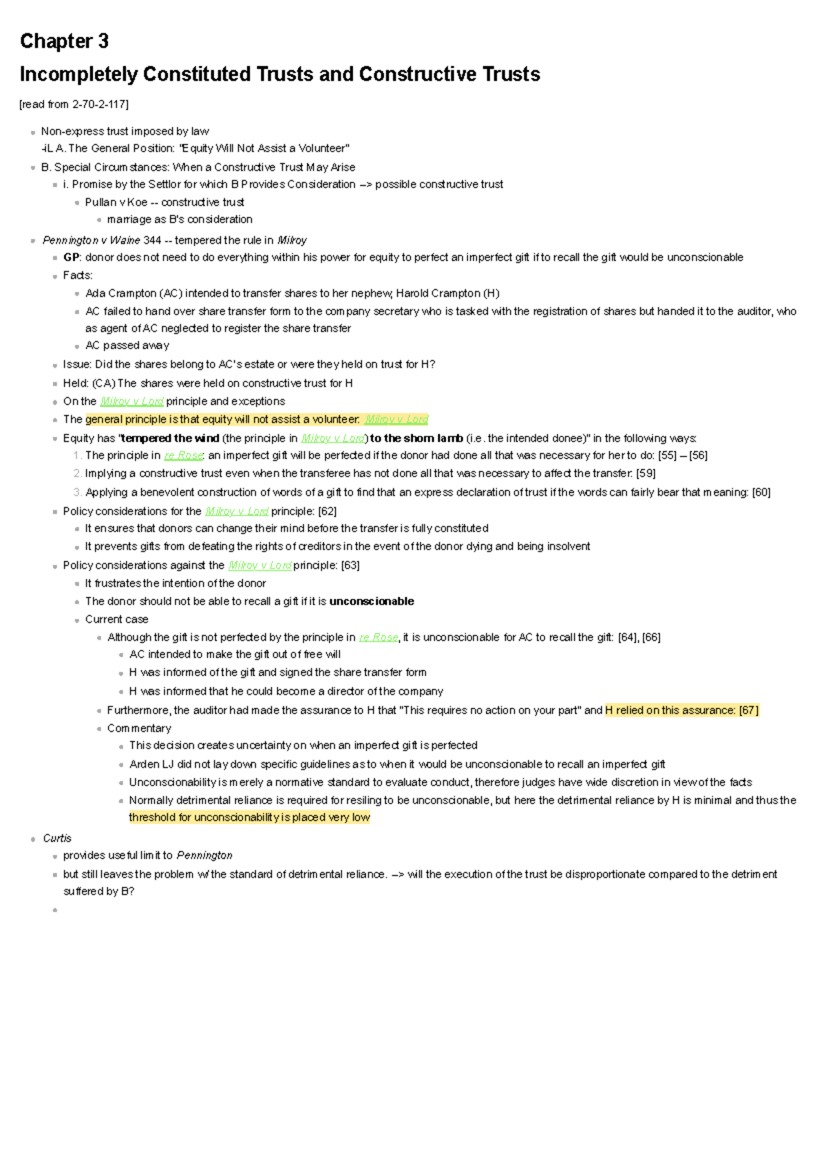 Chapter 3 reading notes - Chapter 3 Incompletely Constituted Trusts and ...