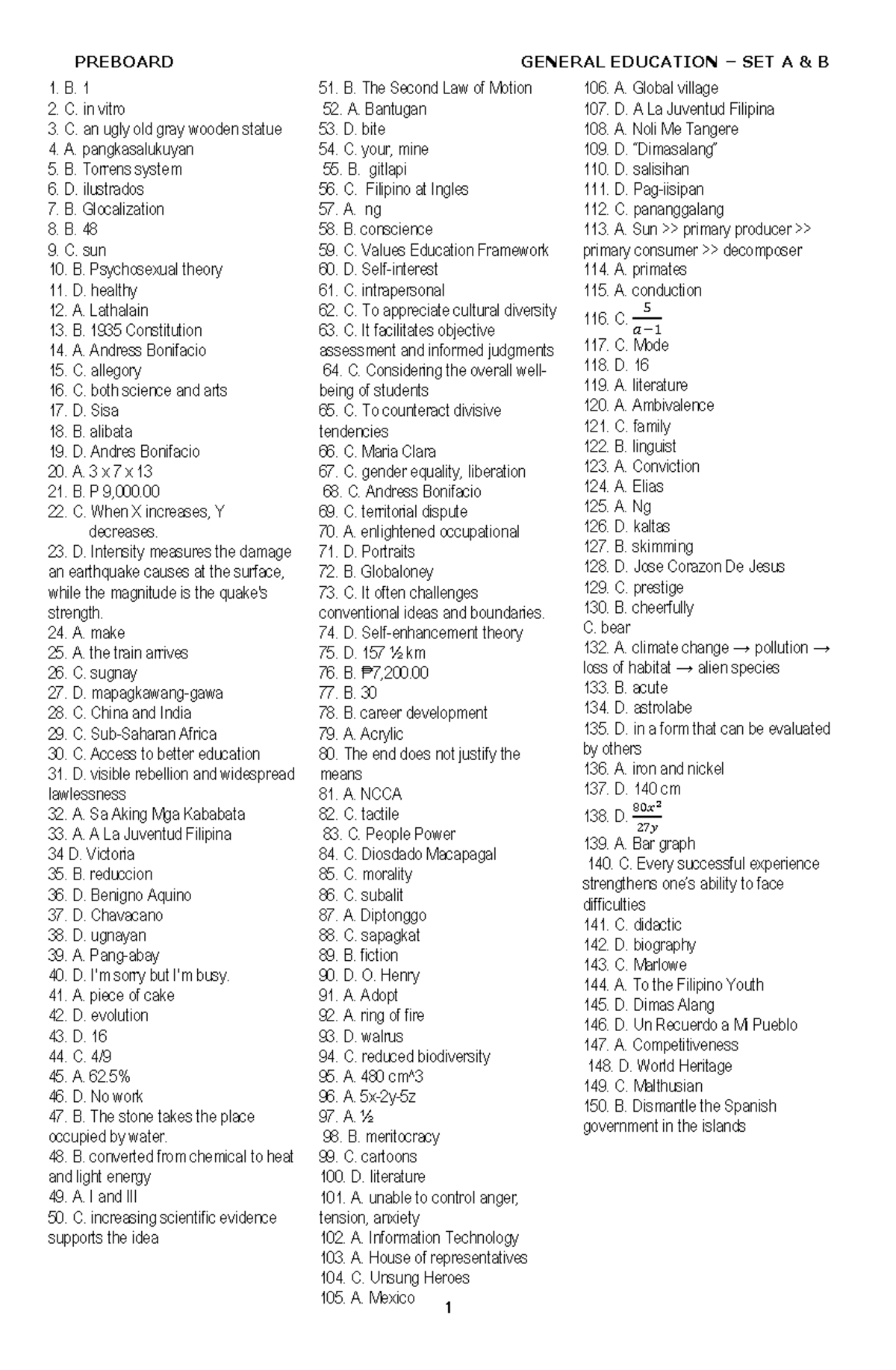 Preboard-Gen-Ed-SET-A-and-B- Answer-KEY - PREBOARD GENERAL EDUCATION ...