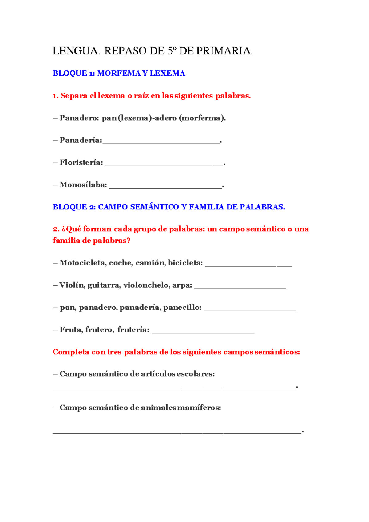 Actividades 5º lengua - LENGUA. REPASO DE 5º DE PRIMARIA. BLOQUE 1 ...