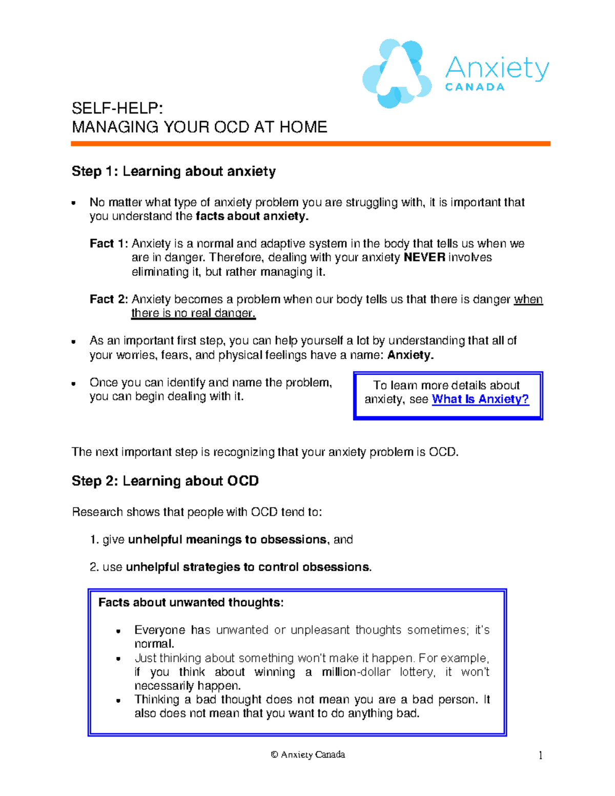 Adult hmocd - yes - SELF-HELP: MANAGING YOUR OCD AT HOME Step 1 ...
