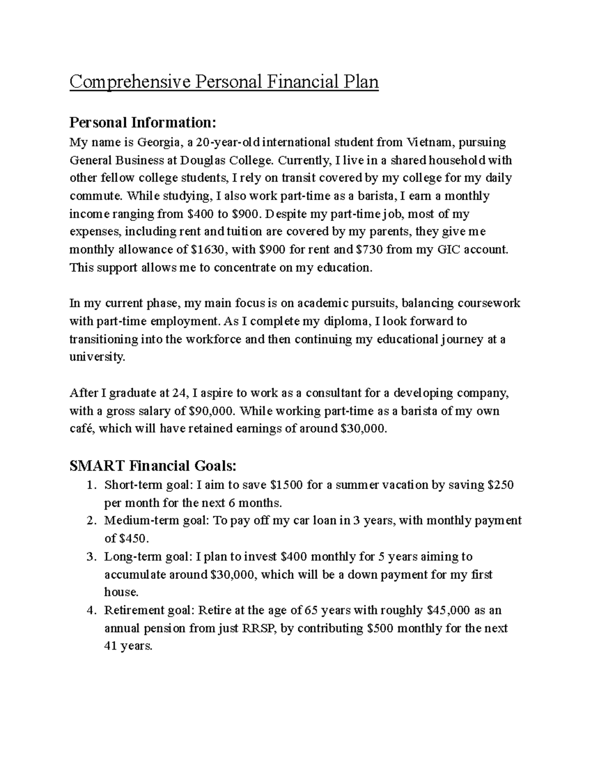 FINC assignment 2 copy 2 - Comprehensive Personal Financial Plan ...
