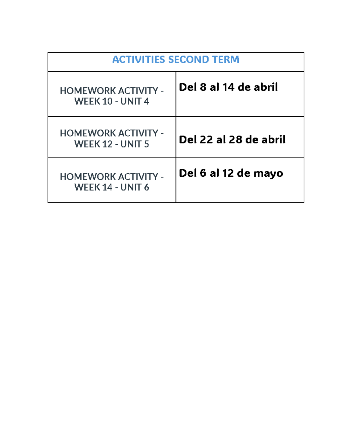 Activities Second TERM - Inglés - ACTIVITIES SECOND TERM HOMEWORK ...