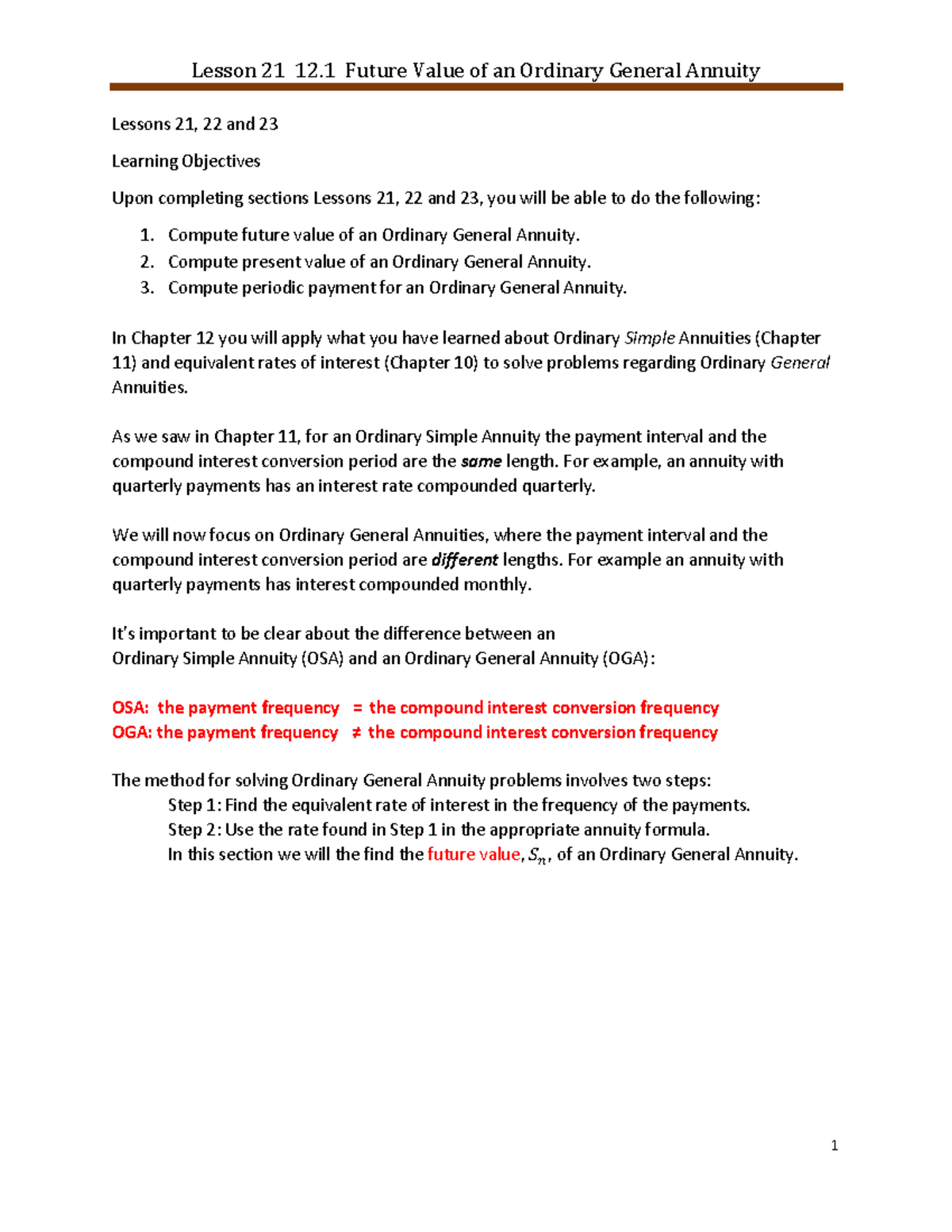 Lesson 21 - 12.1 Future Value of an Ordinary General Annuity - Lessons 21, 22 and 23 Learning ...