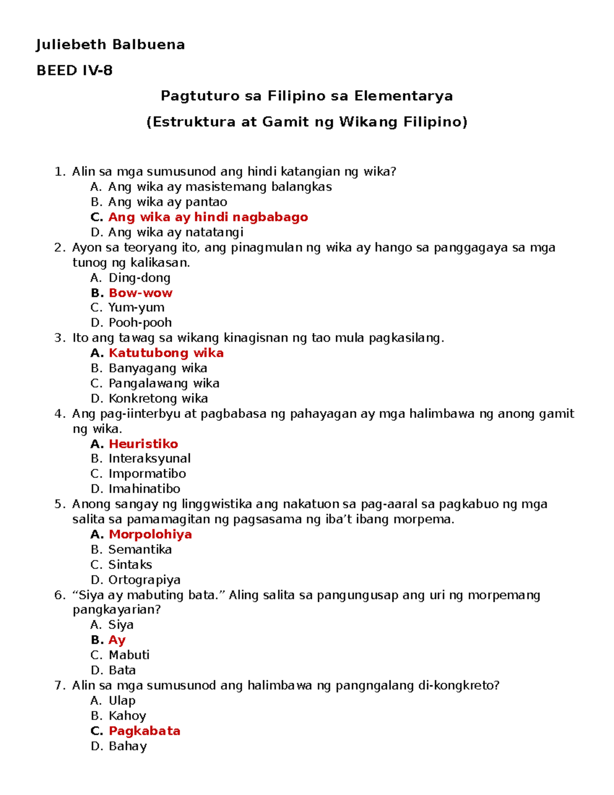 Filipino-Answer-key - Answer key - Juliebeth Balbuena BEED IV ...