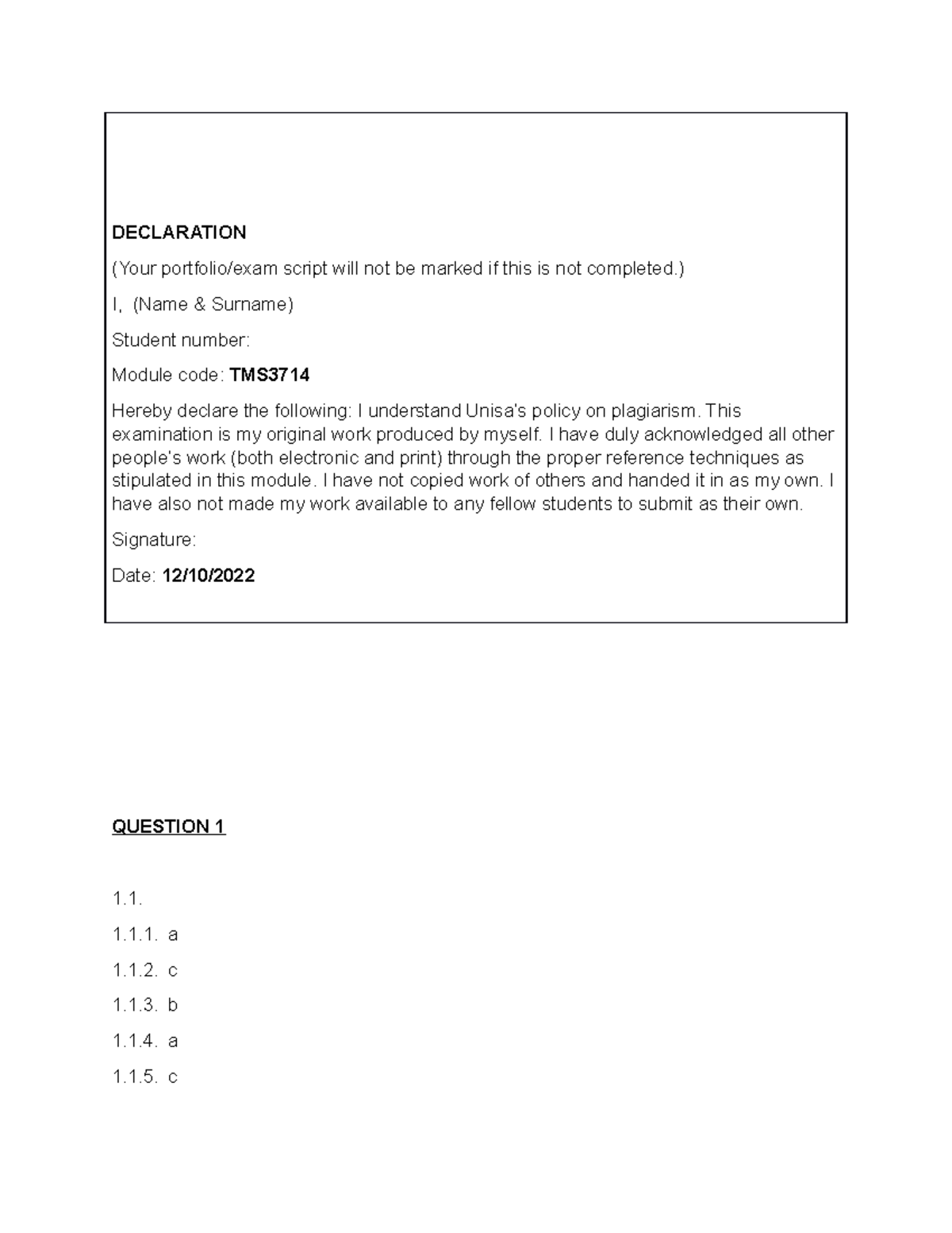 Name and surname tms 3714 - DECLARATION (Your portfolio/exam script ...