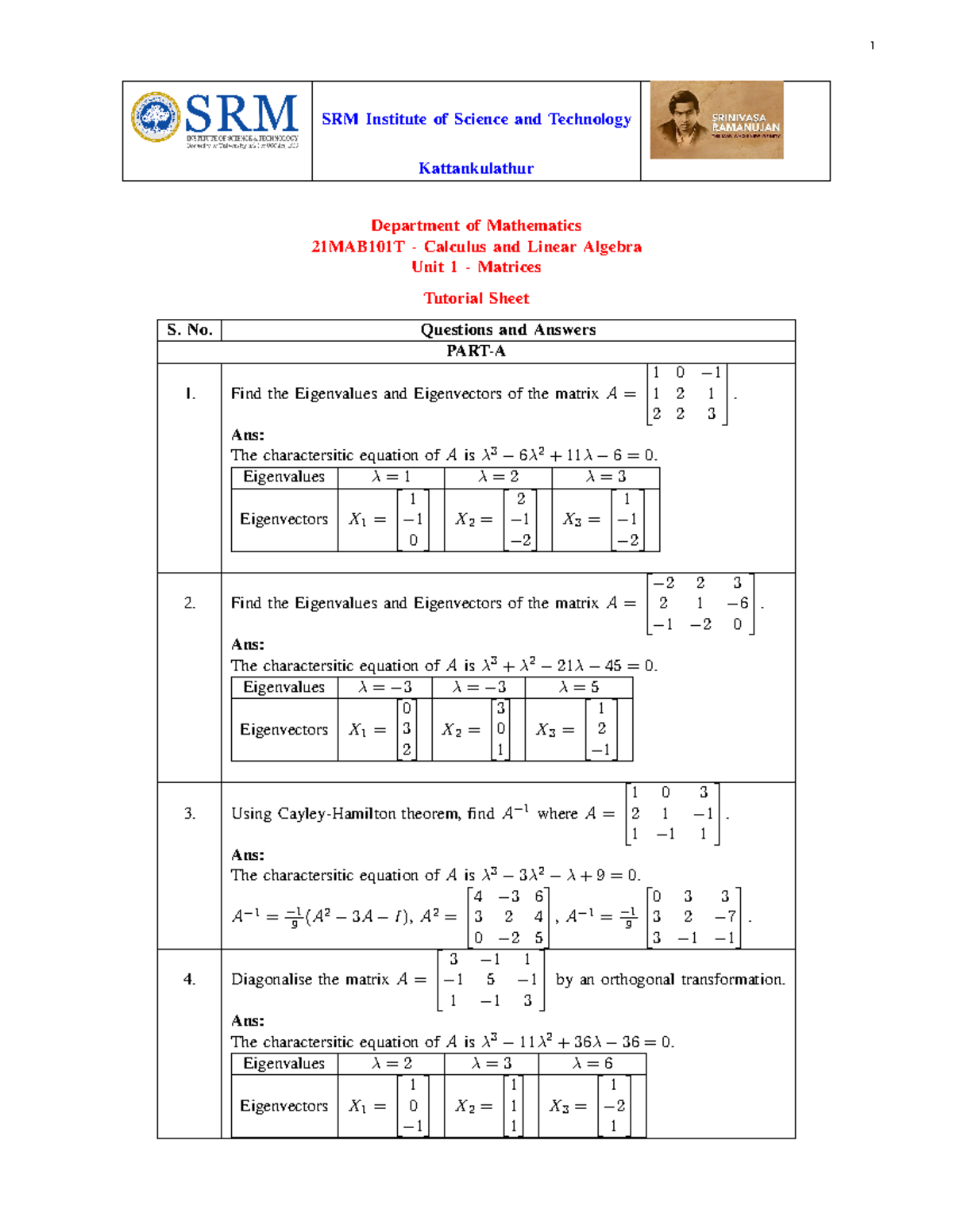 21MAB101T-Solution to Tutorial Sheet-Unit-1 - 1 SRM Institute of ...