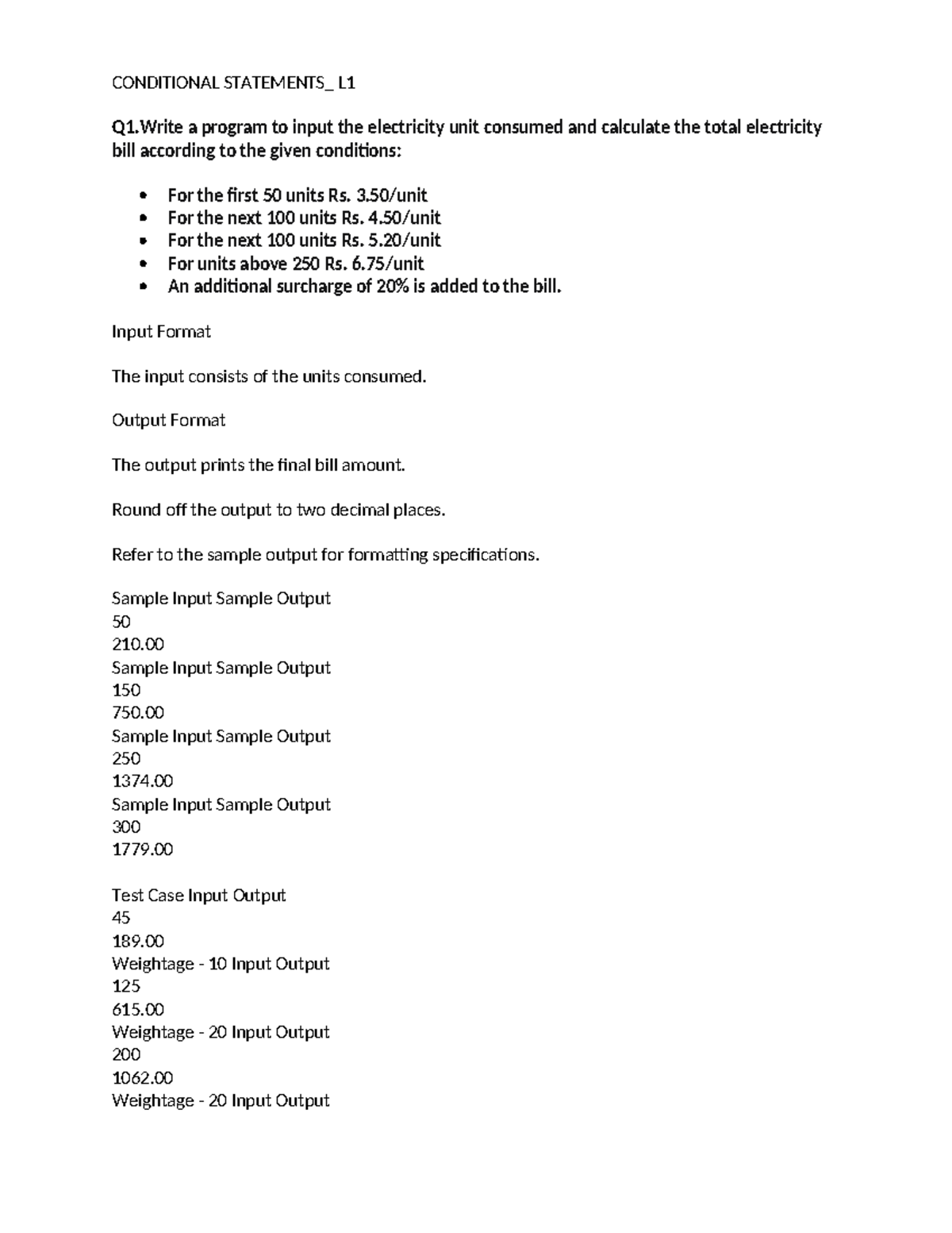 Conditional Statements Conditional Statements L Q1 A Program To Input The Electricity Unit