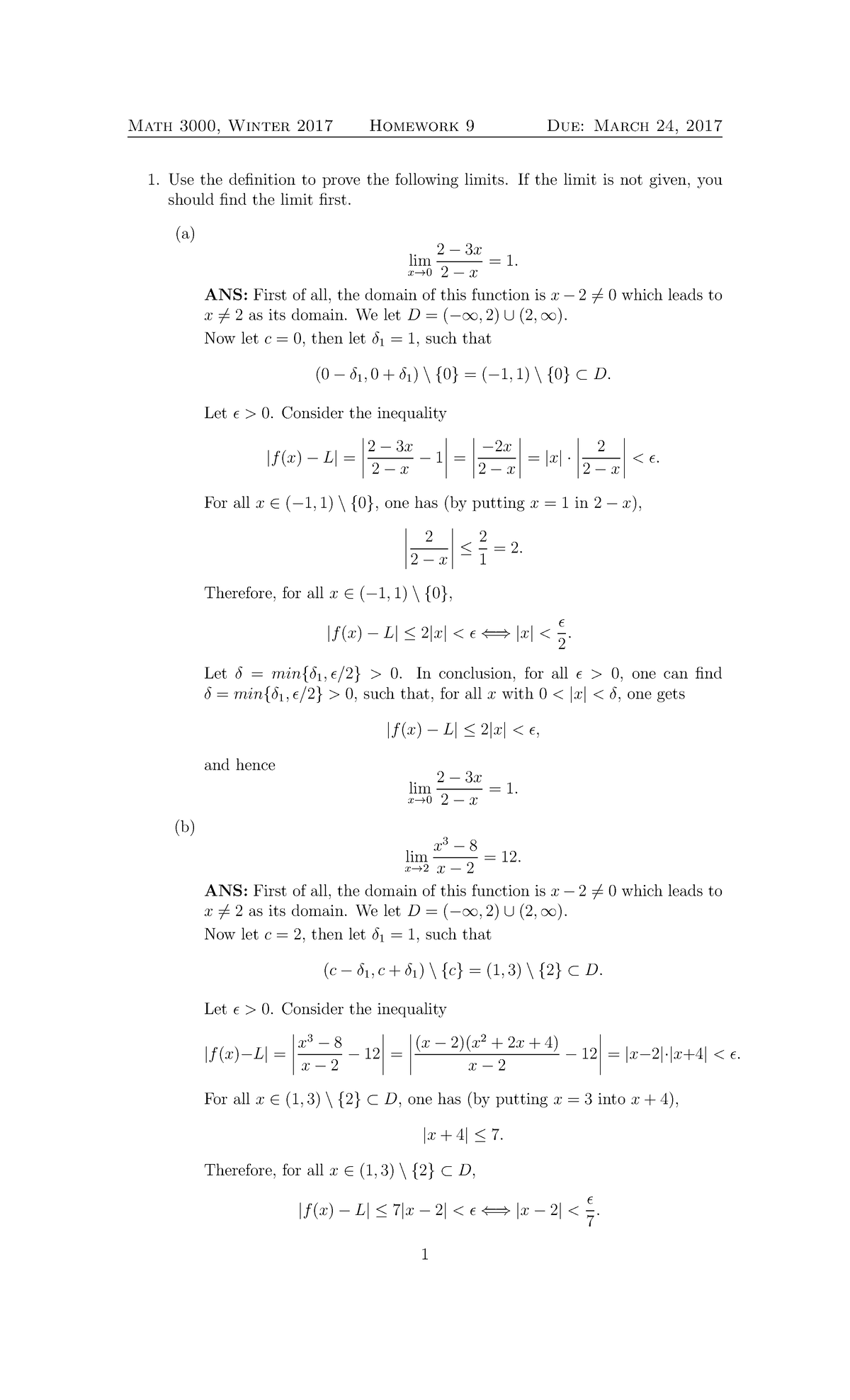 HW 9 solution - due March 24, 2017 - Math 3000, Winter 2017 Homework 9 ...