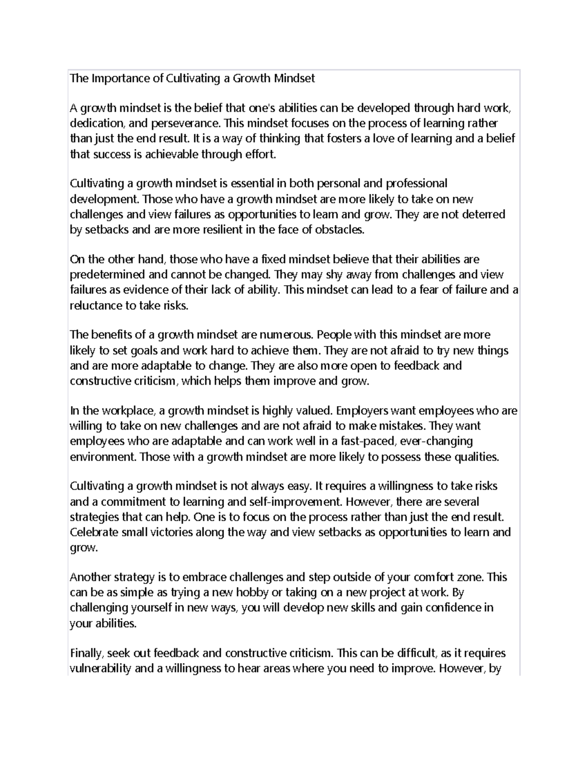 Doc2 - In class assignment/notes - The Importance of Cultivating a ...