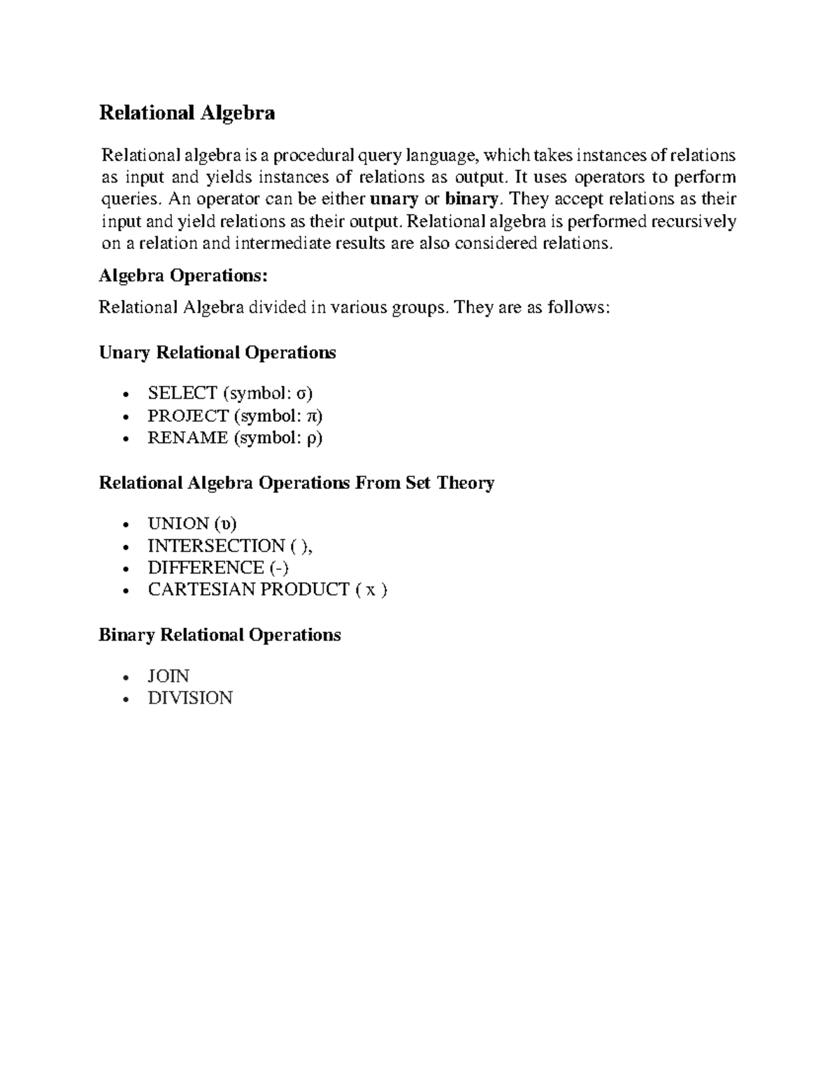 Rdbms(Part 2) Relational Algebra - Relational Algebra Relational ...
