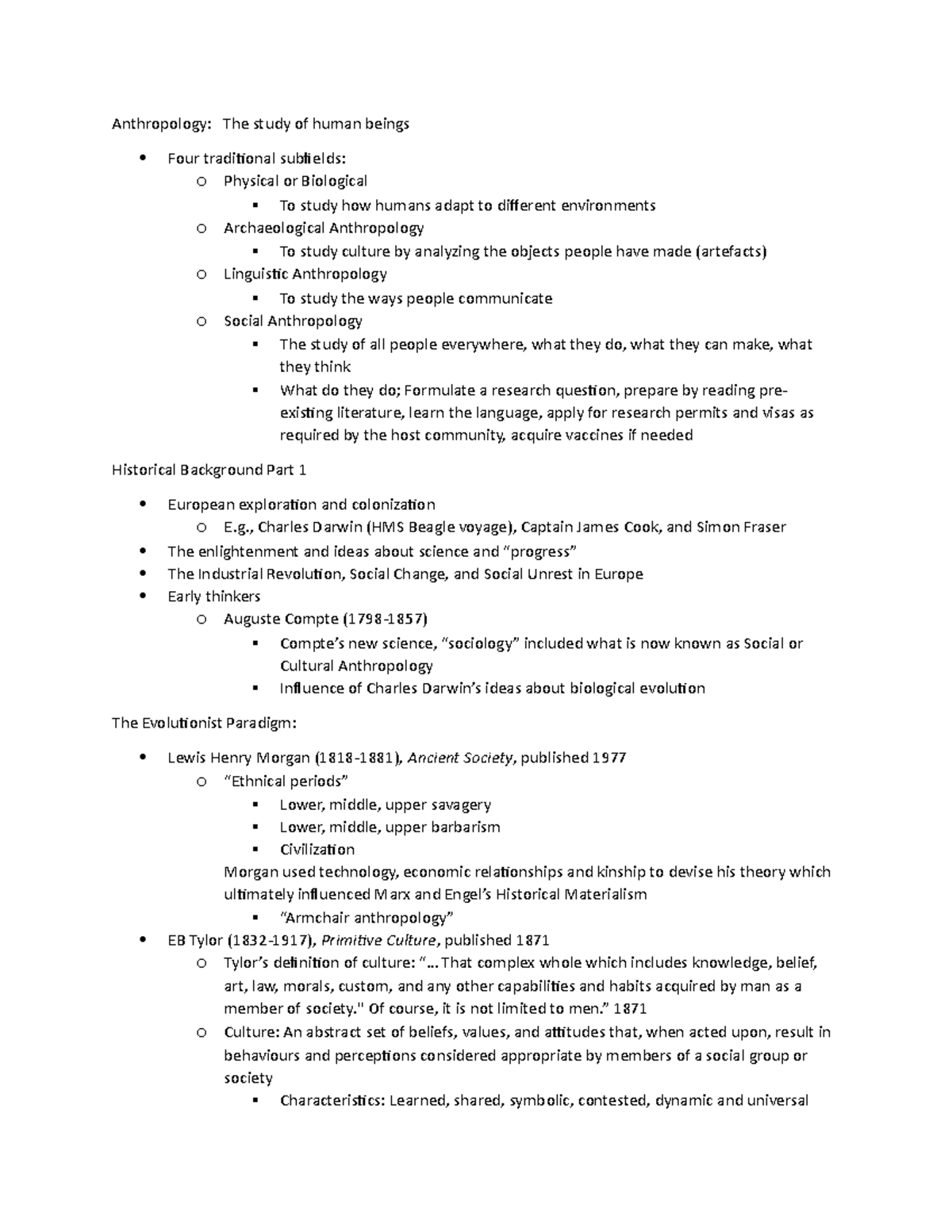 Anthropology Notes - Anthropology: The study of human beings Four ...