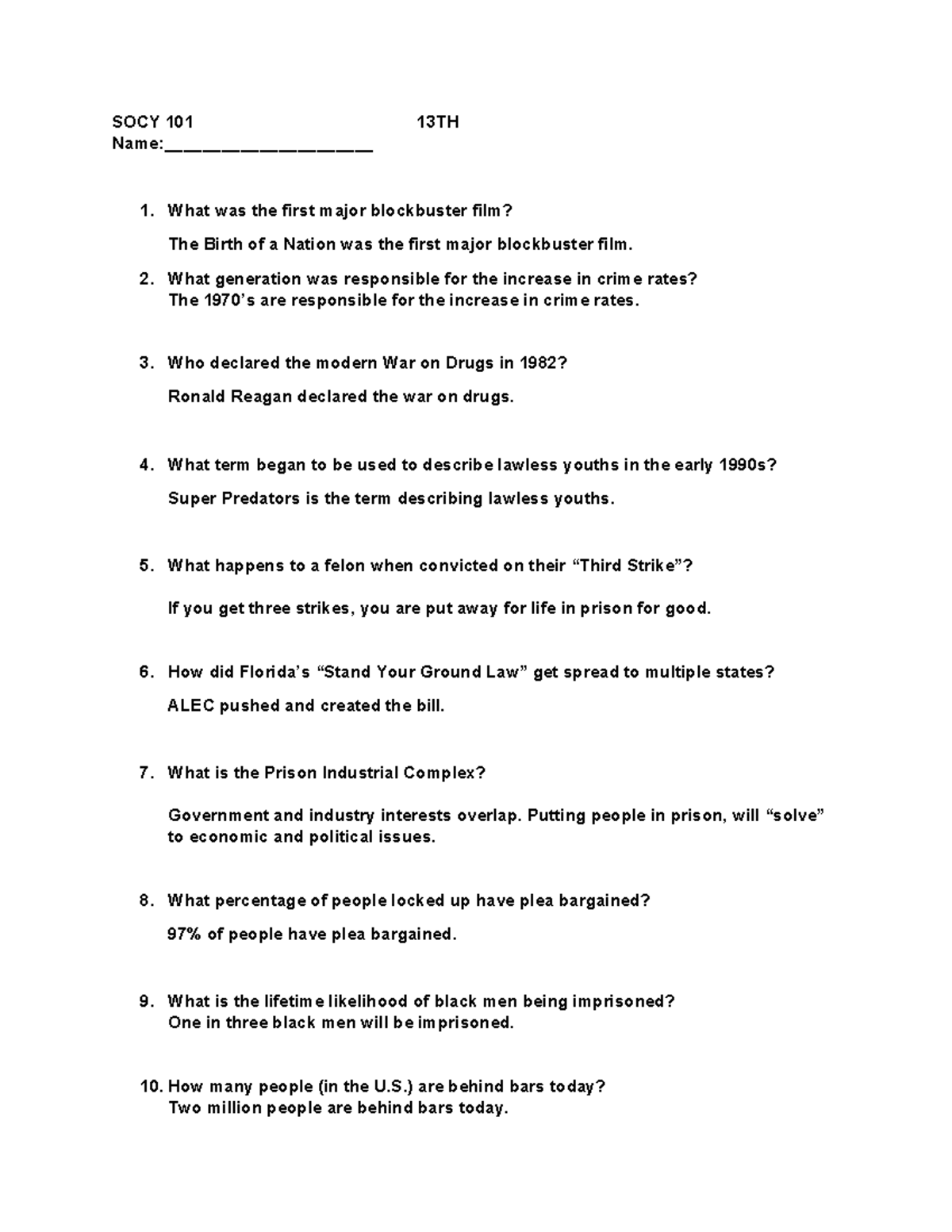 13th - SOCY 101 13TH Name:______________________ 1. What was the first ...