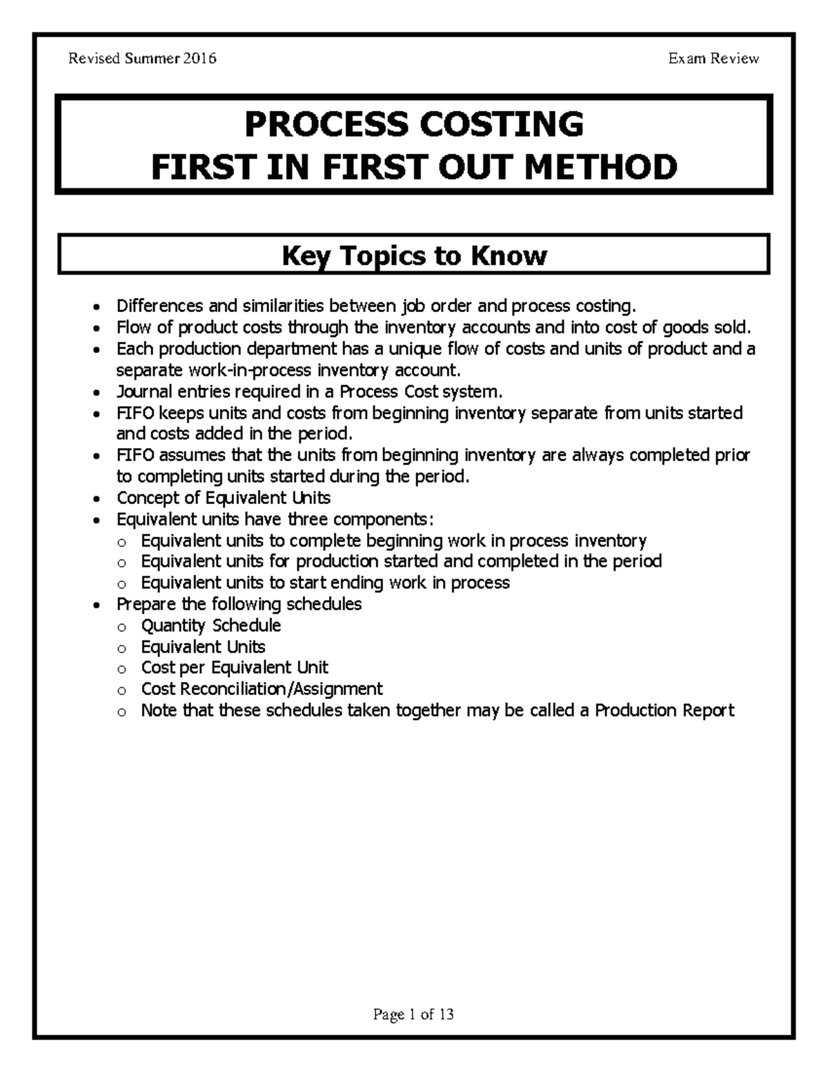 Process Costing FIFO ER - PROCESS COSTING FIRST IN FIRST OUT METHOD Key ...