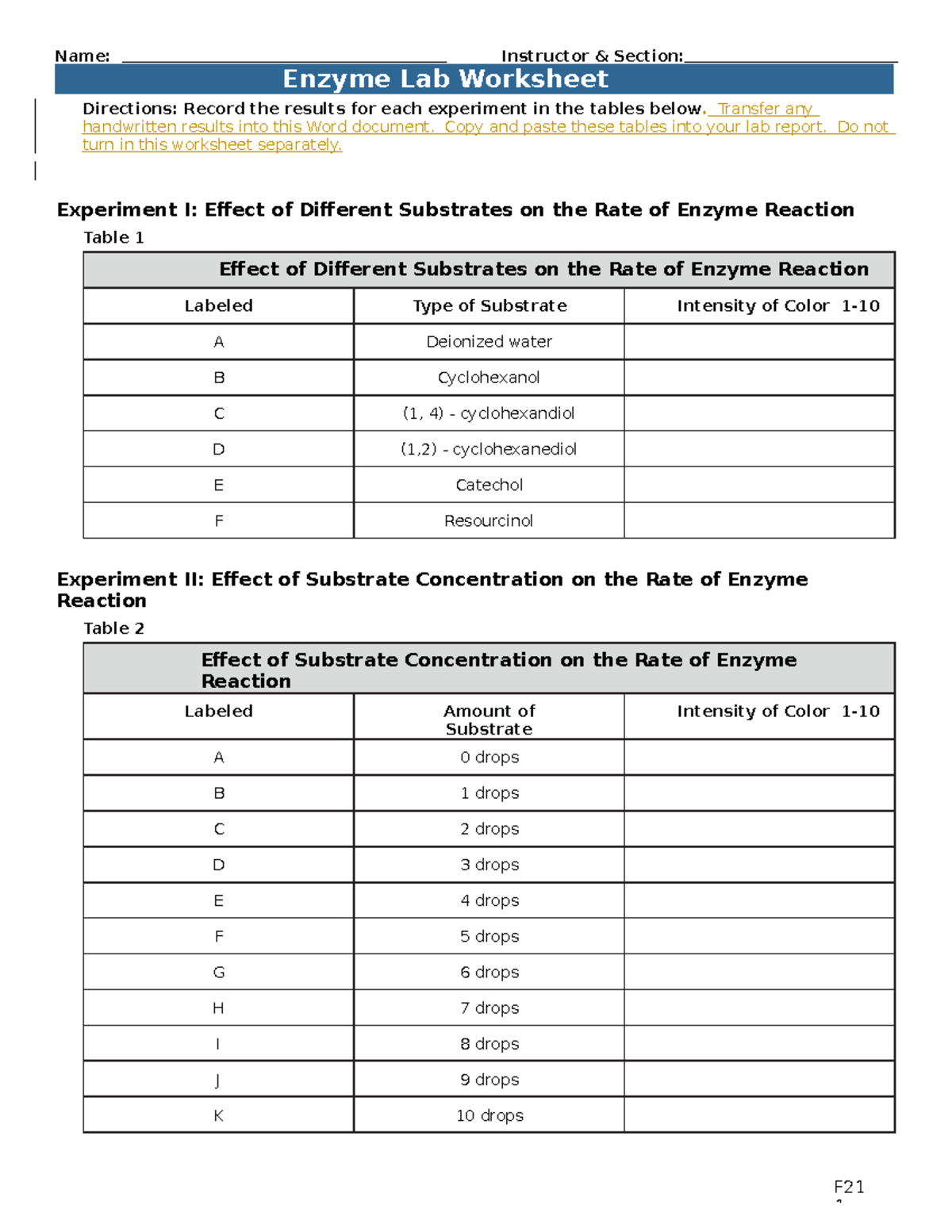 9 Enzyme Lab Worksheet F21 - Directions: Record the results for each ...