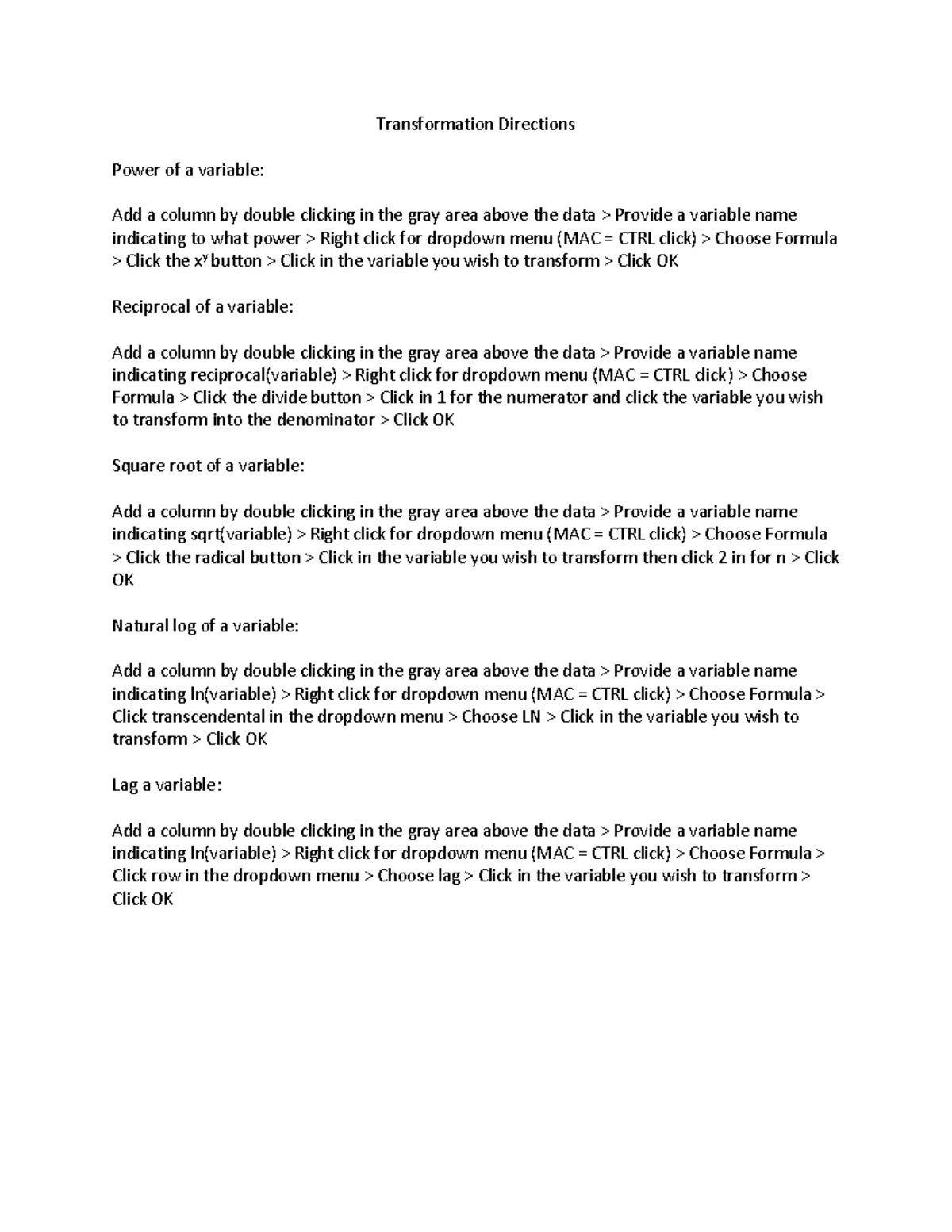 Transformation Directions in JMP - Transformation Directions Power of a ...