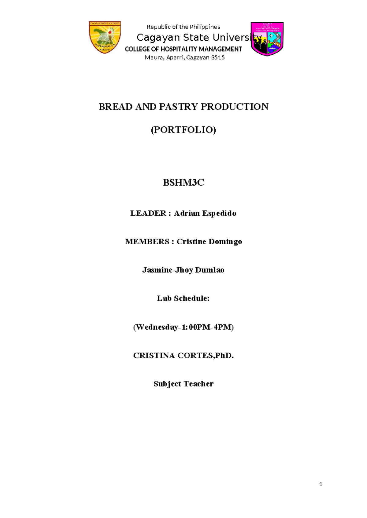 Bread and pastry matcha - Cagayan State University COLLEGE OF ...