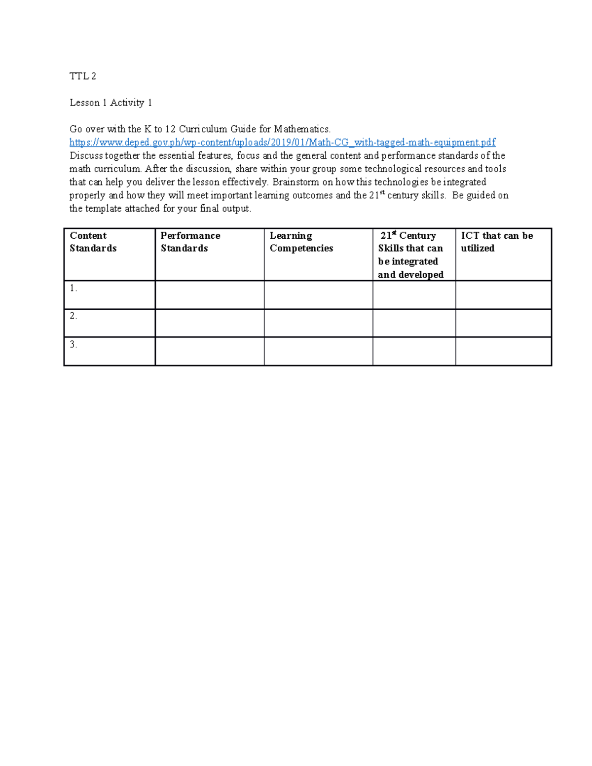 Lesson 1 Activity 1 - TTL 2 Lesson 1 Activity 1 Go over with the K to ...