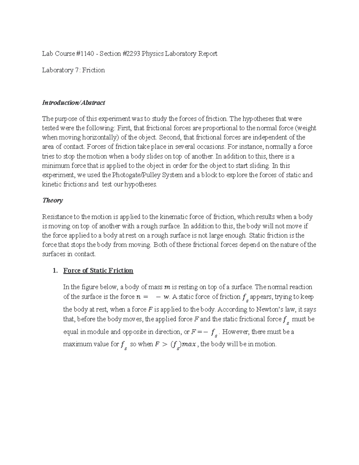 Physics Lab 7-2 - Lab Course #1140 - Section #2293 Physics Laboratory Report Laboratory 7 ...