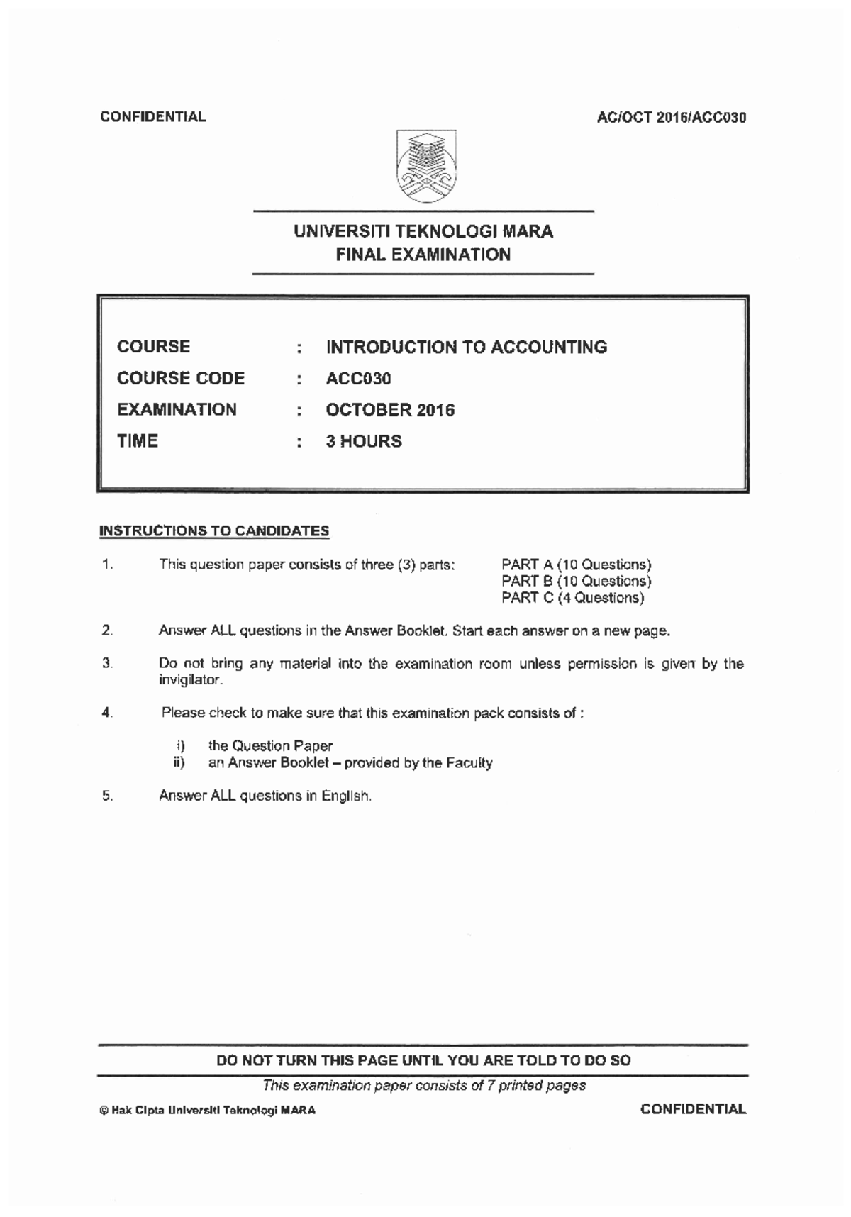 ACC030 Final 2016 - Basic Of Accounting - Studocu