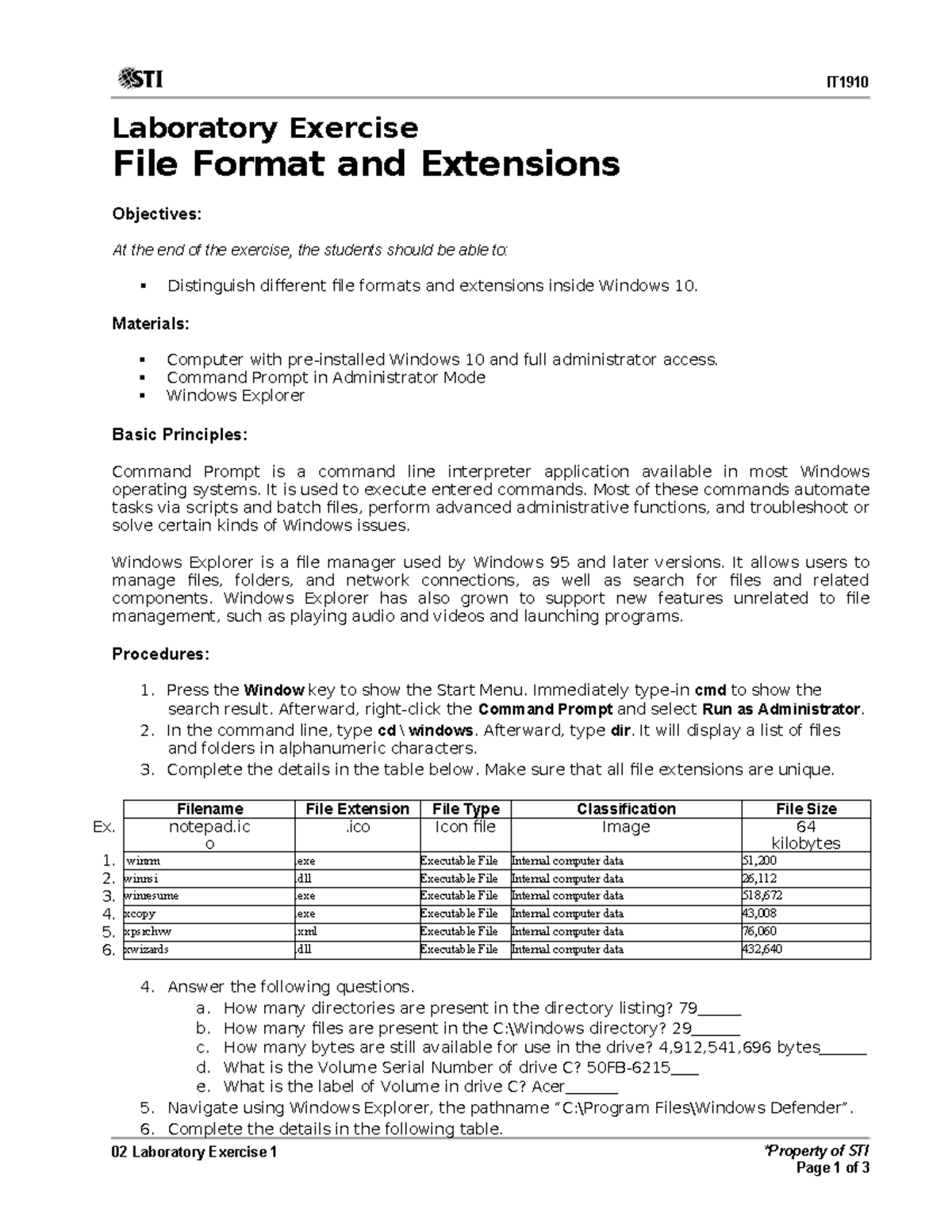 02 Laboratory Exercise 1 - IT 02 Laboratory Exercise 1 *Property of STI Page 1 of 3 Laboratory ...