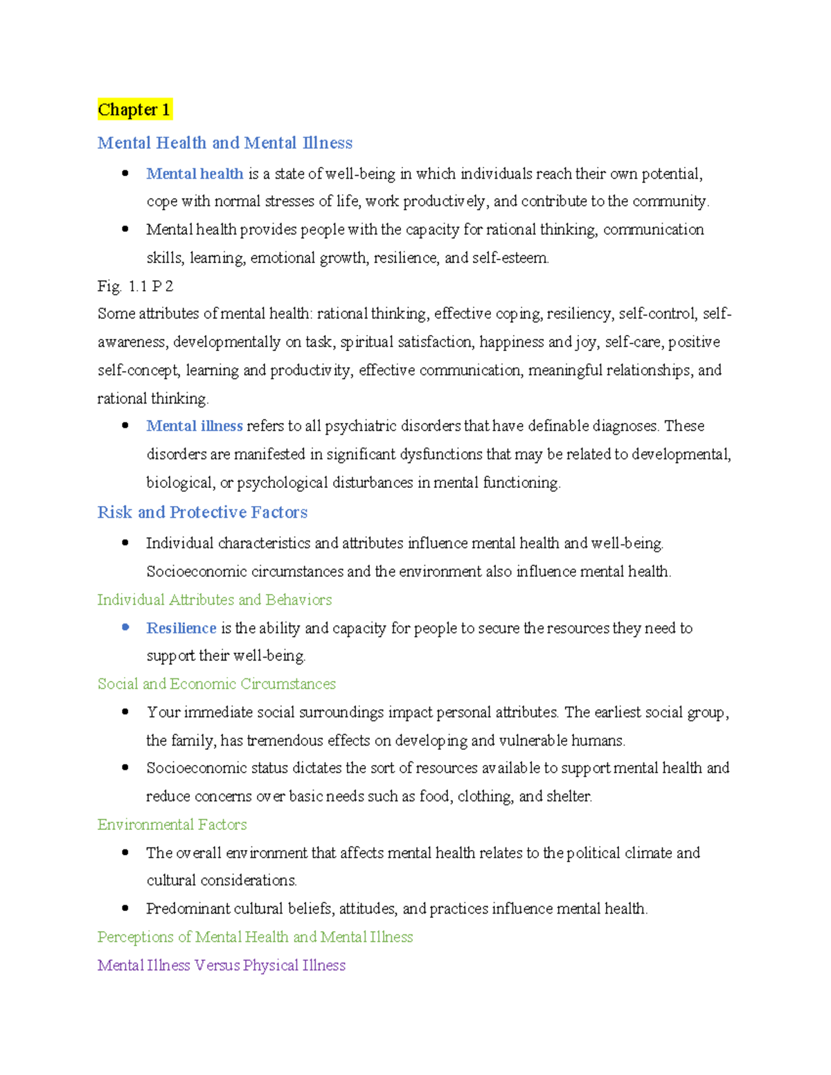 Exam 1 Psych Notes - Chapter 1 Mental Health and Mental Illness Mental ...