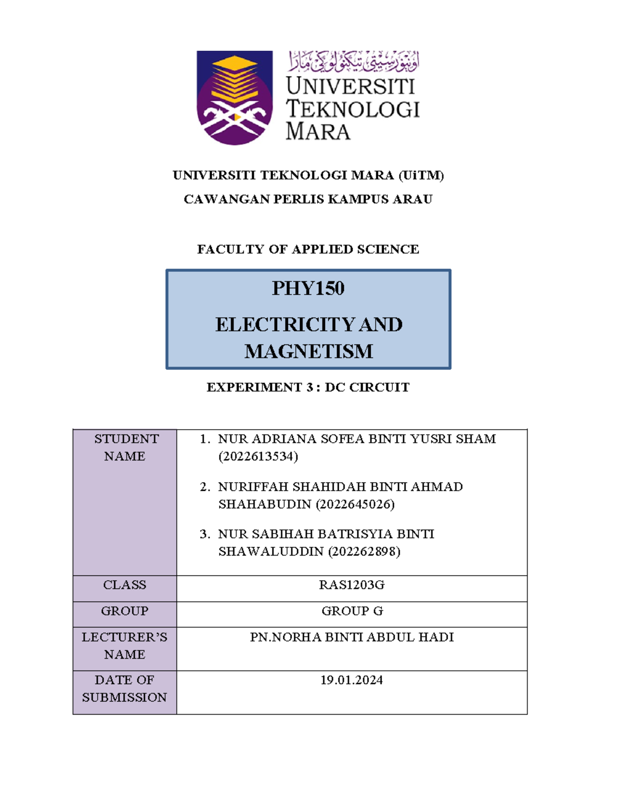 LAB report phy150 - UNIVERSITI TEKNOLOGI MARA (UiTM) CAWANGAN PERLIS KAMPUS ARAU FACULTY OF ...