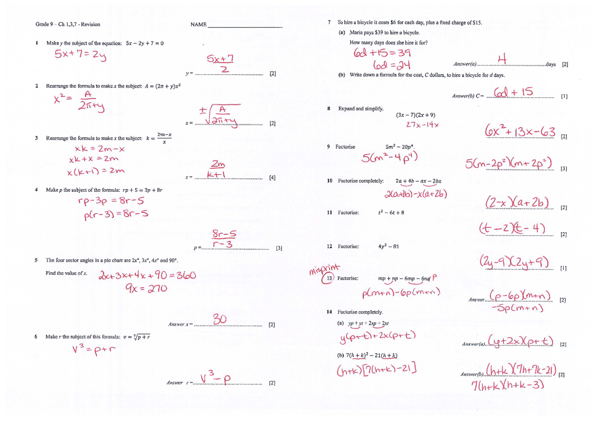 Ch 1 3 7 More Revision - Answers - Math 7th grade - Studocu