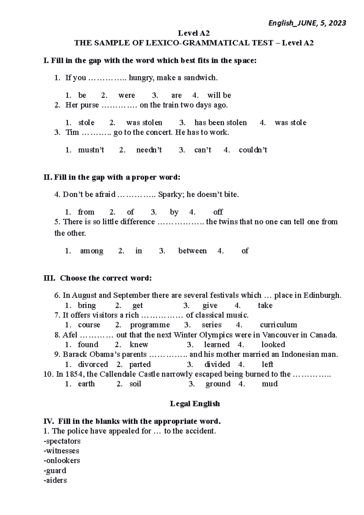 Stud A 2 Legal English June-2023 - English_JUNE, 5, 2023 Level A THE ...
