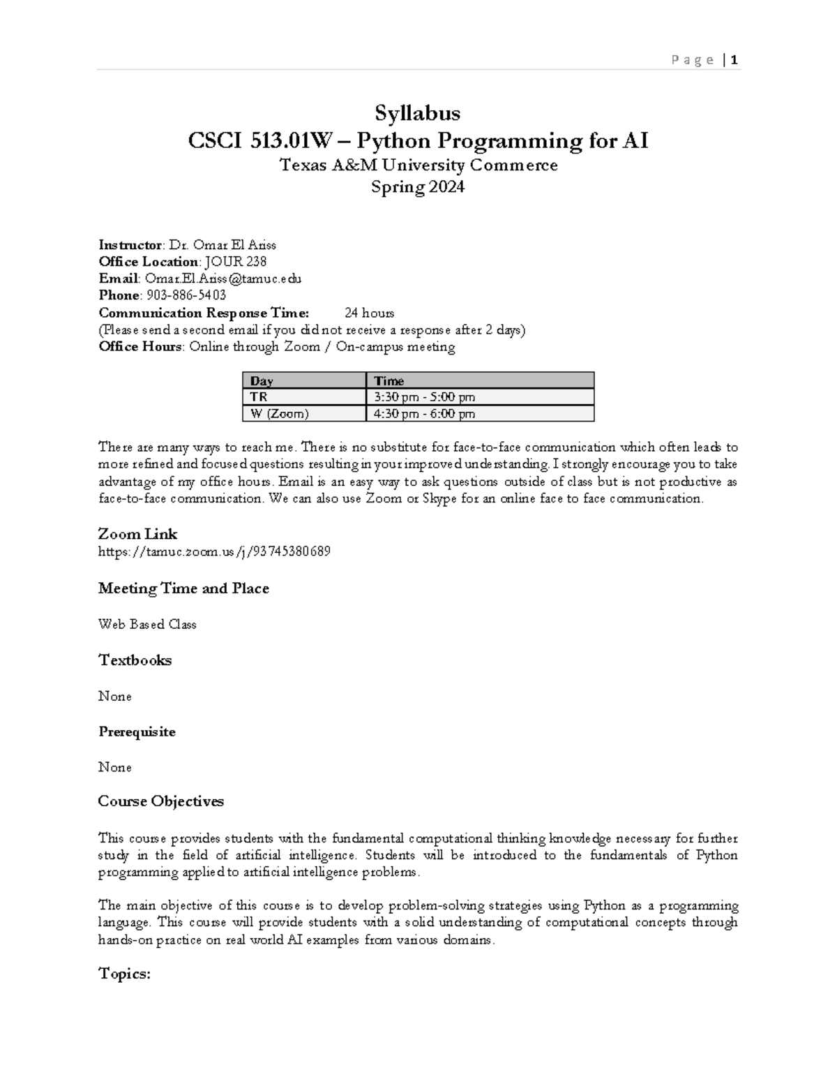 Programming for A-I Outline - Syllabus CSCI 513 .01W – Python Programming for AI Texas A&M - Studocu
