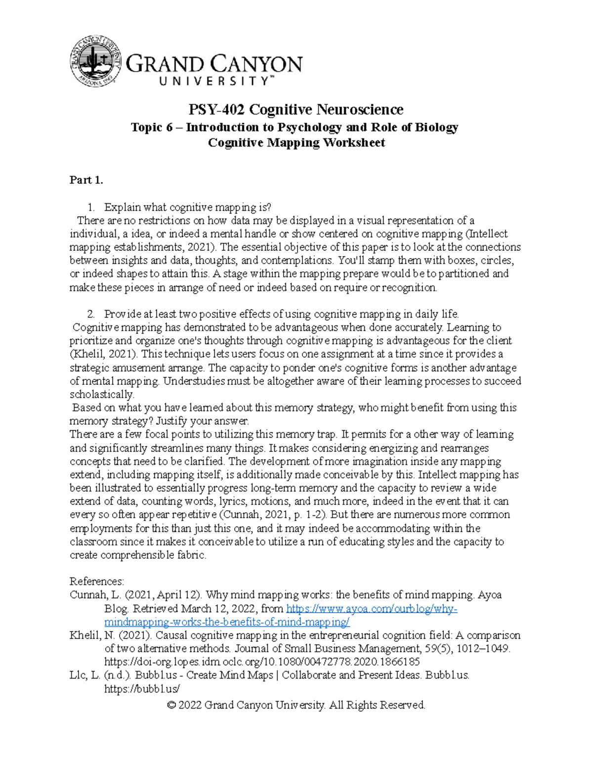 PSY 402 RS Cognitive Mapping Worksheet - PSY-402 Cognitive Neuroscience ...
