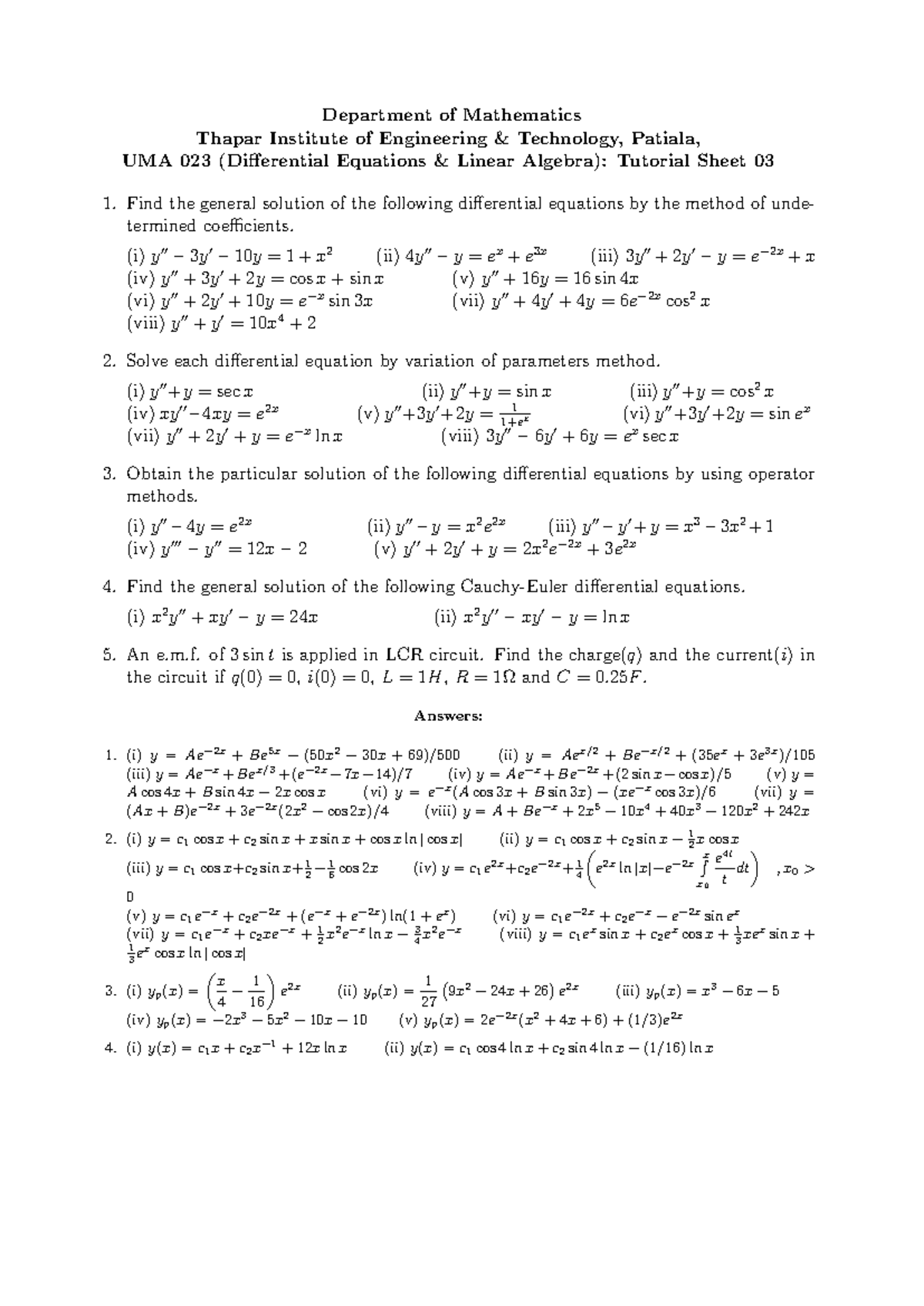 Tutorial 03 Mathematics 2 - Department of Mathematics Thapar Institute ...