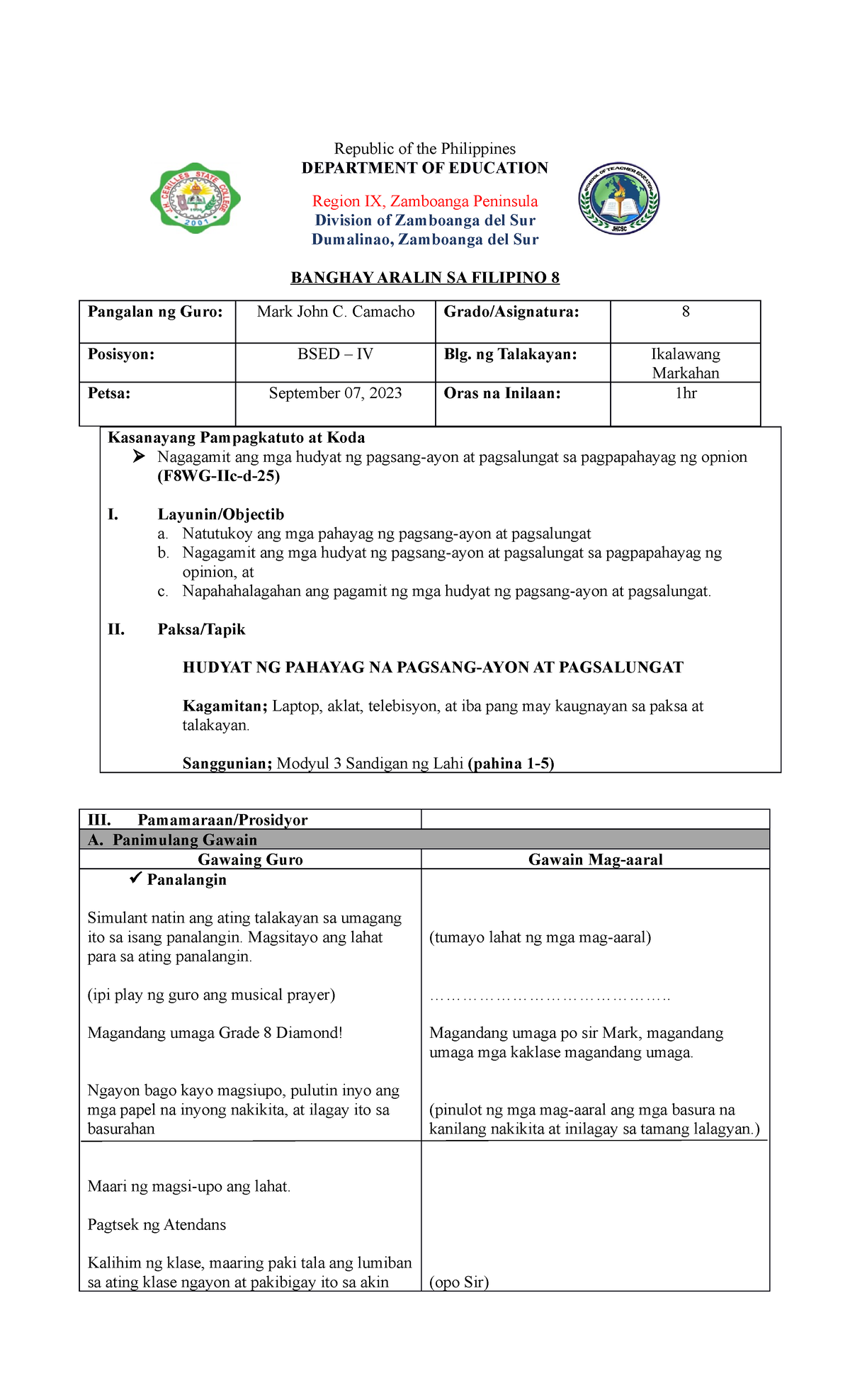 Internship LP 2023 - Republic of the Philippines DEPARTMENT OF ...