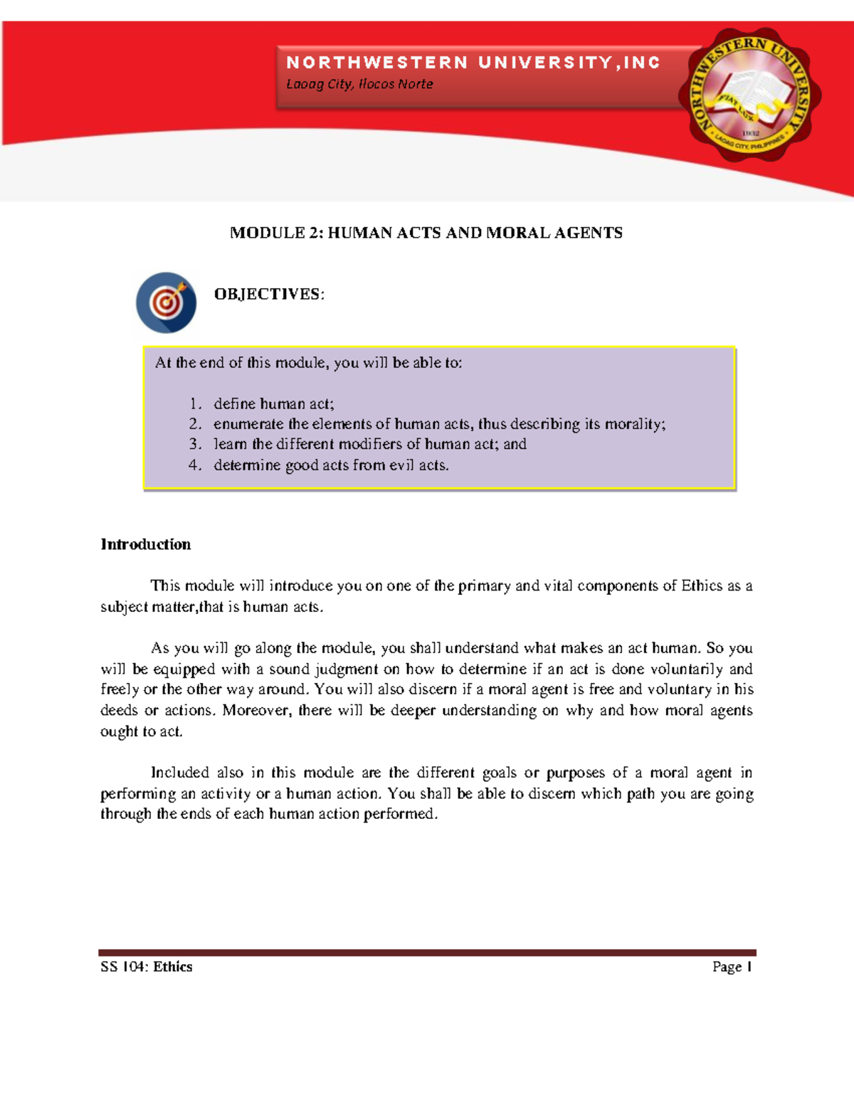 Human Acts and Moral Agents - Laoag City, Ilocos Norte MODULE 2: HUMAN ...