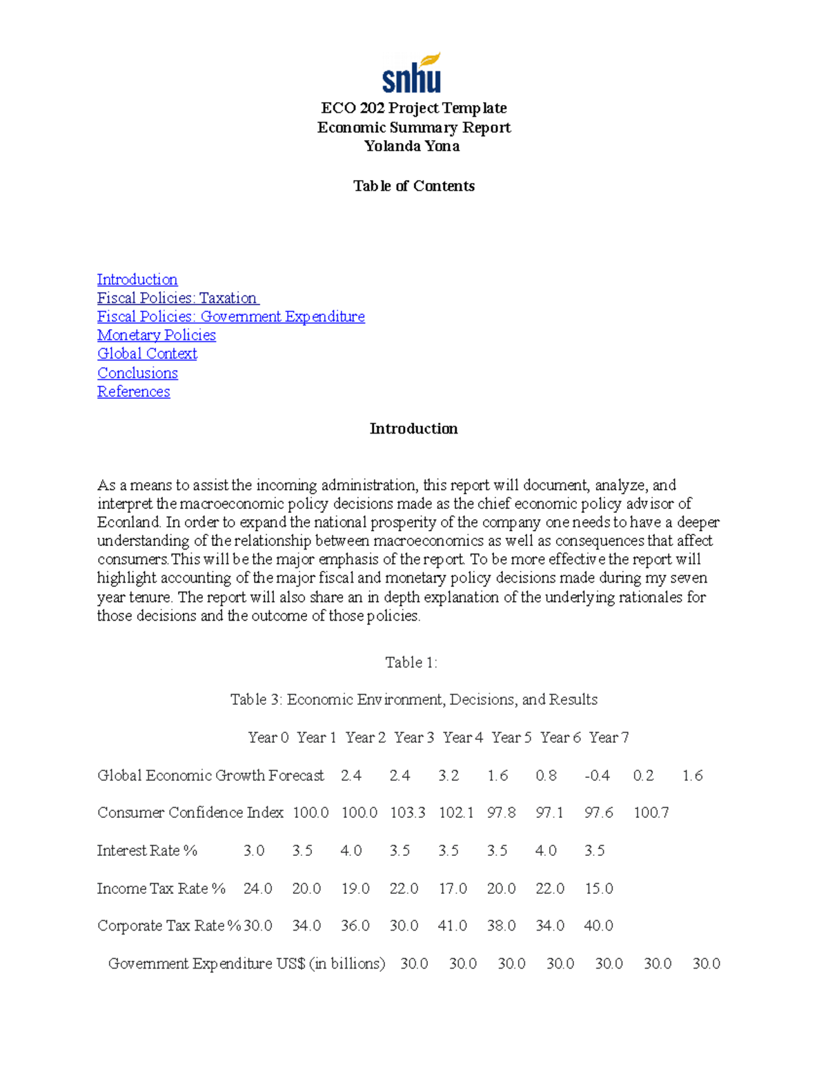 ECO 202 Project Template - ECO 202 Project Template Economic Summary ...